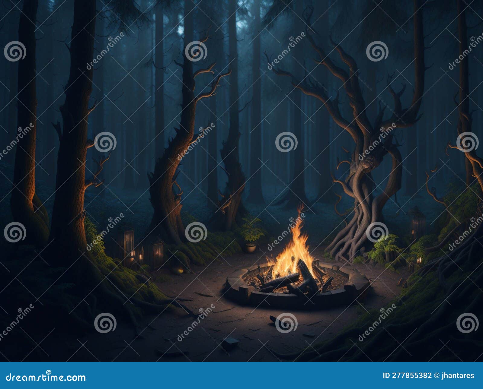 Wizards Forest Sitting Around Fire Place Stock Illustration ...