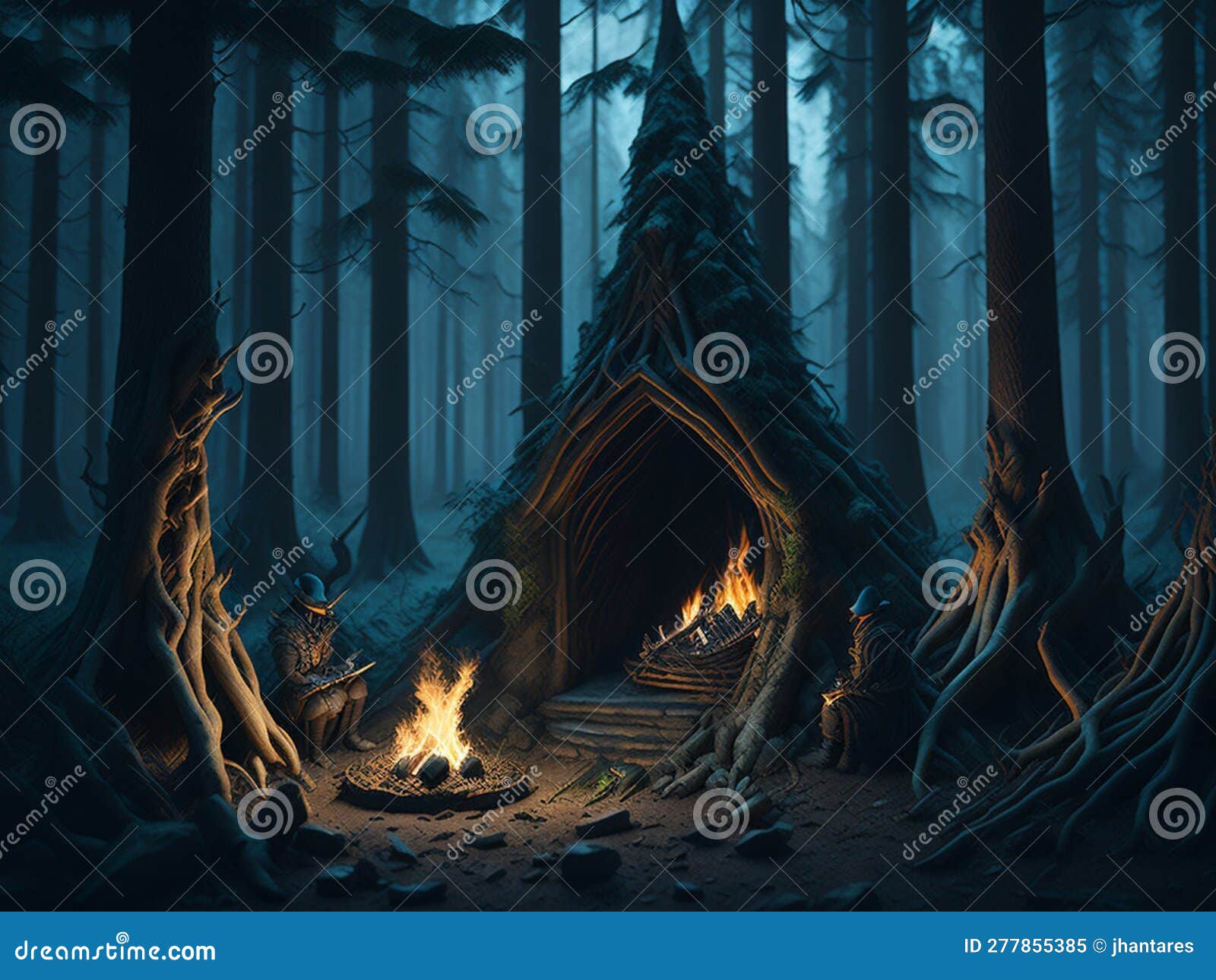 Wizards Forest Sitting Around Fire Place Stock Illustration ...