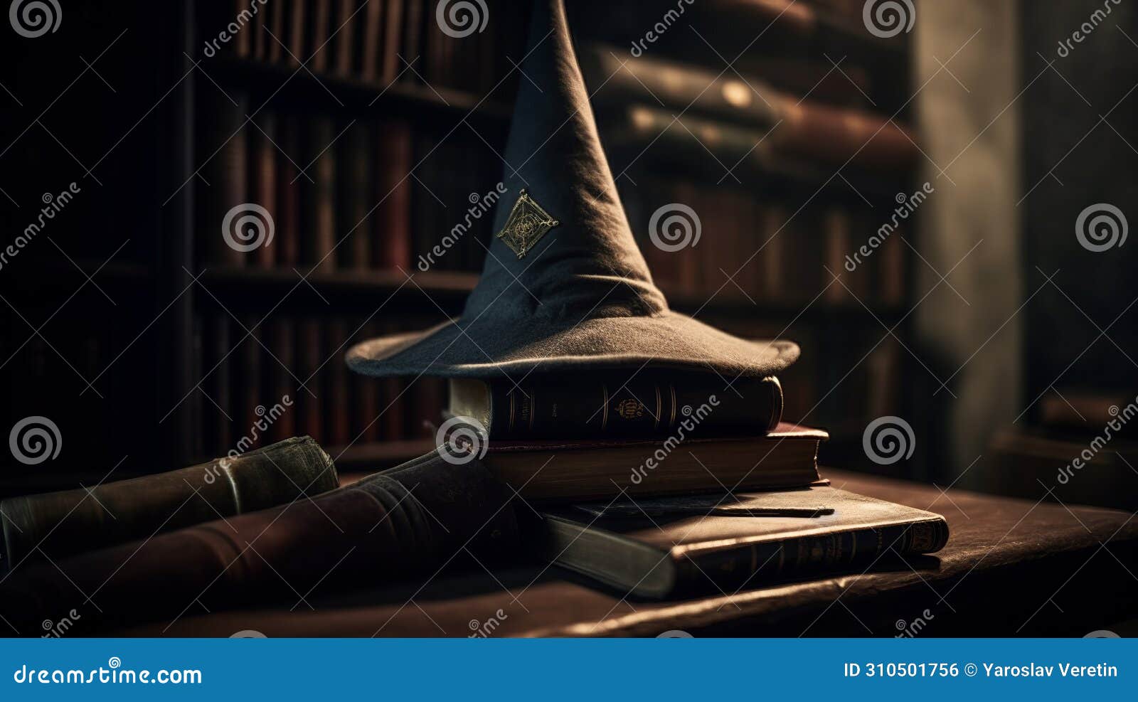 A Wizards Hat and Wand Resting on Top of a Stack of Ancient Books Stock ...