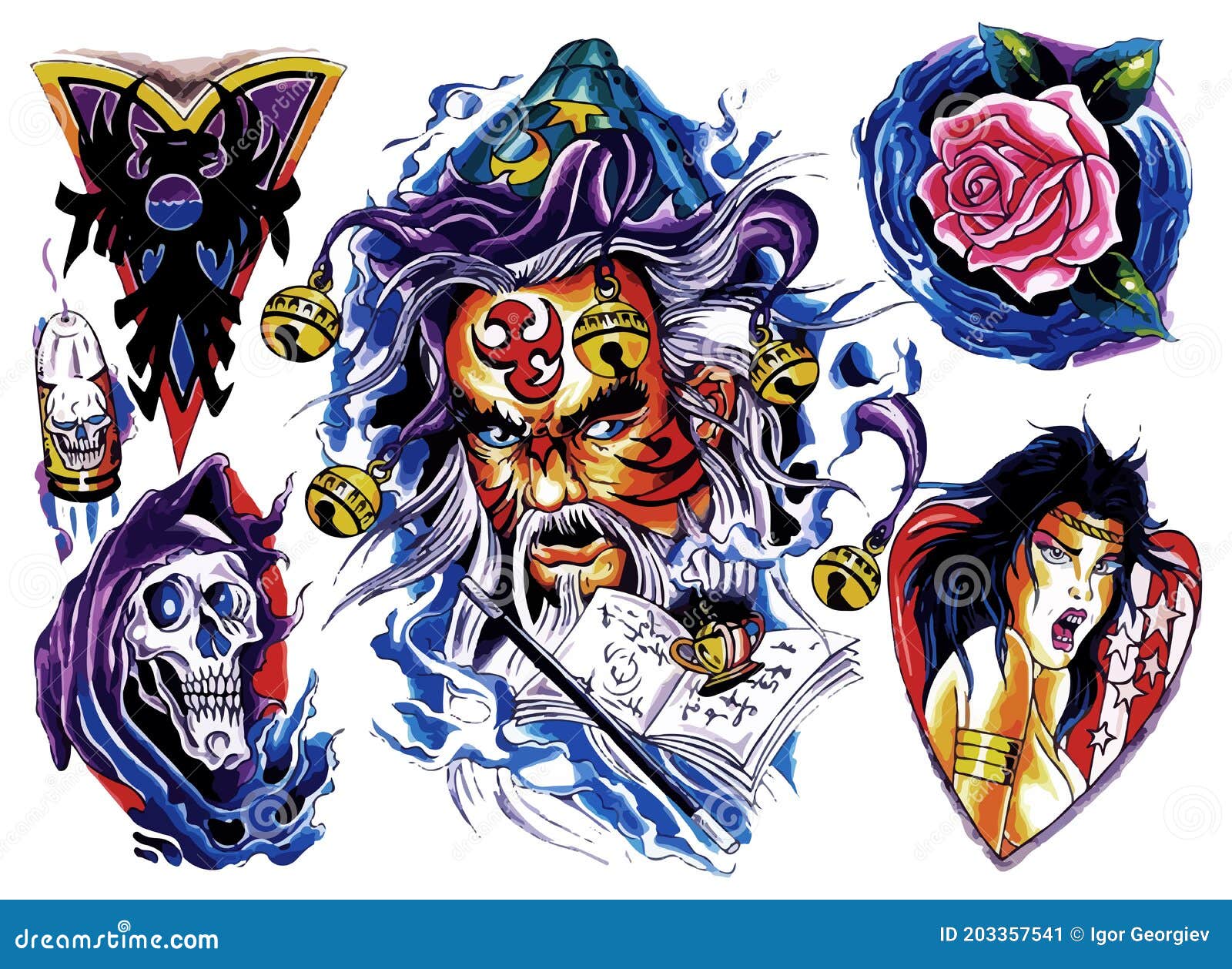 Wizards Tattoo Set. Set of Horror Labels and Elements. Vector Set ...