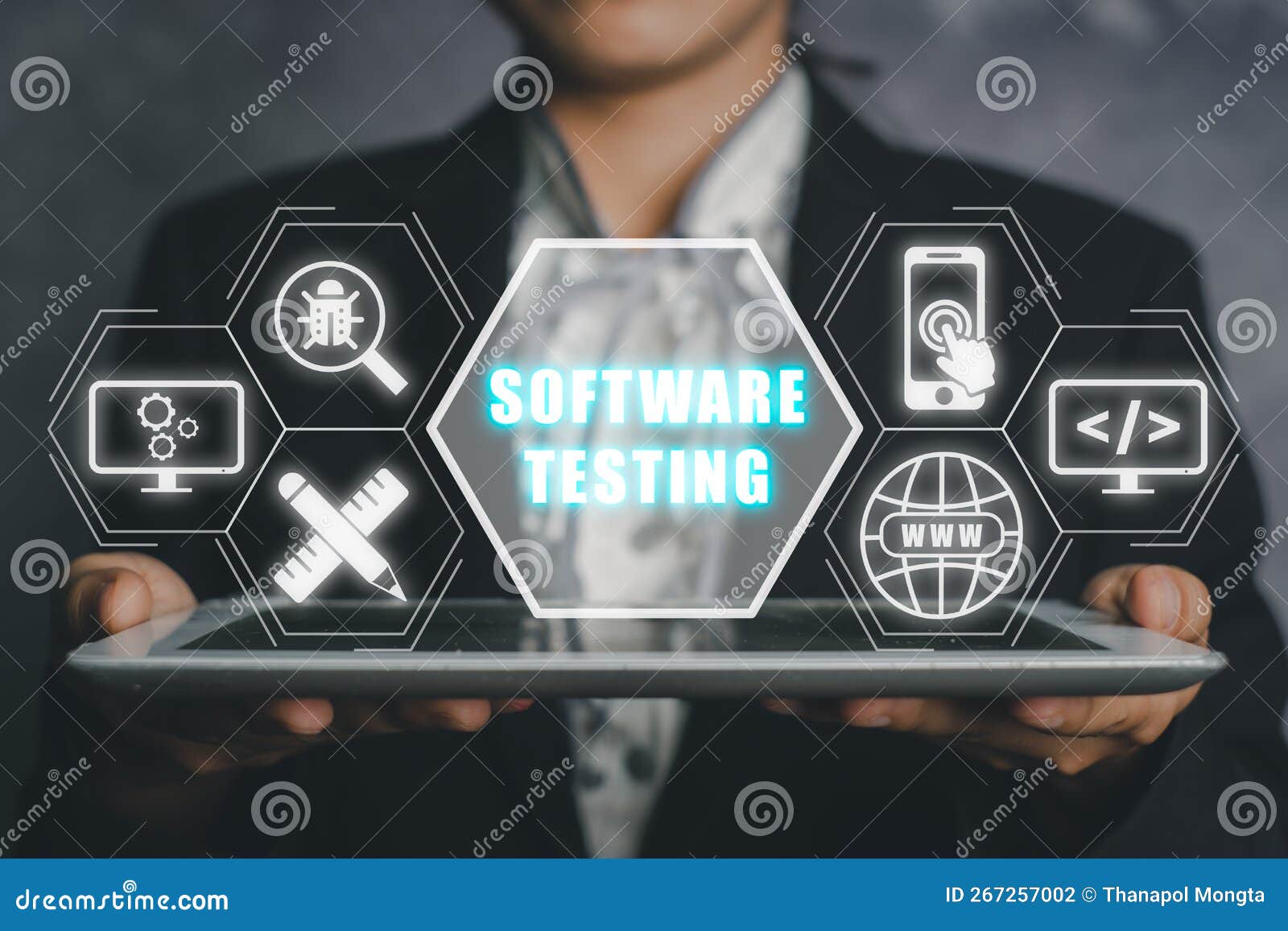 Woan Hand Using Tablet with Software Testing Inscription Icon on VR ...