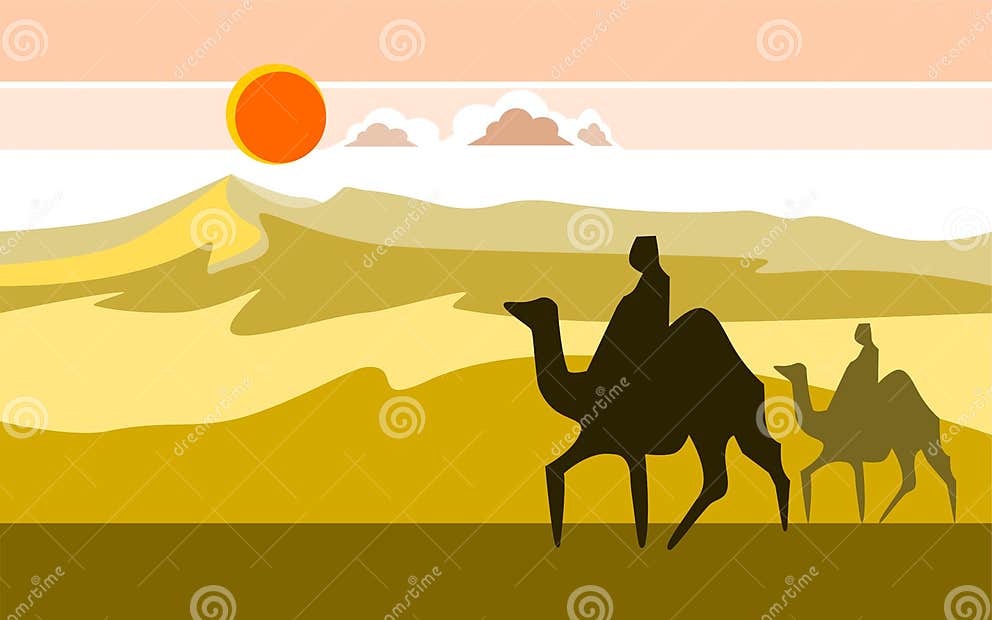 Woestijn met kamelen vector illustratie. Illustration of reis - 43823714