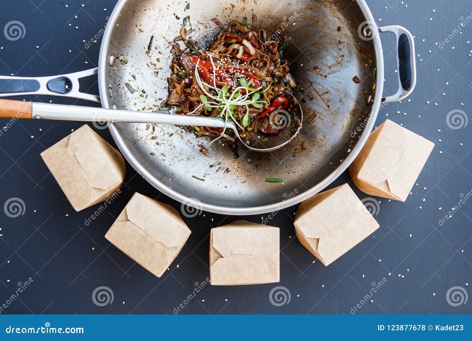 Wok Beef Noodles with Delivery Boxes Stock Photo - Image of paprika ...