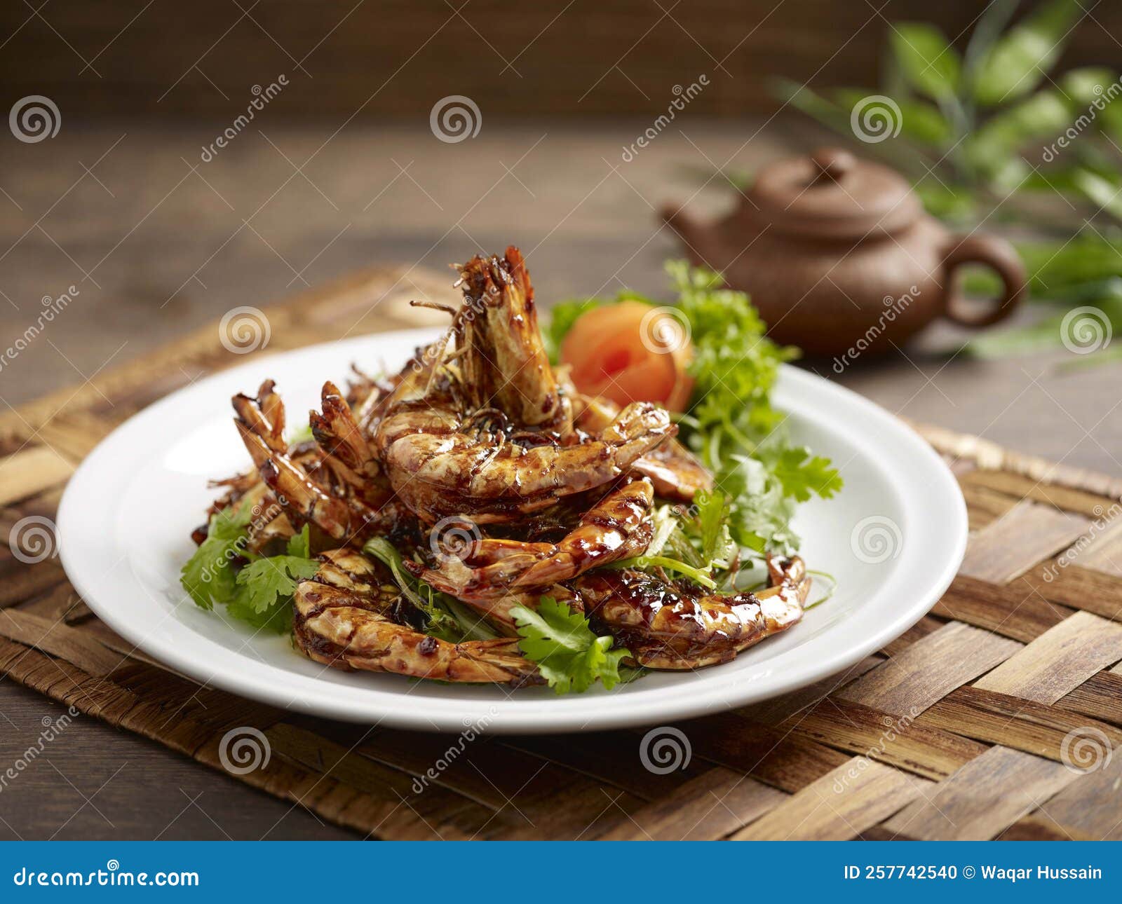 Wok Dancing Prawn Served in a Dish Isolated on Table Side View Stock ...