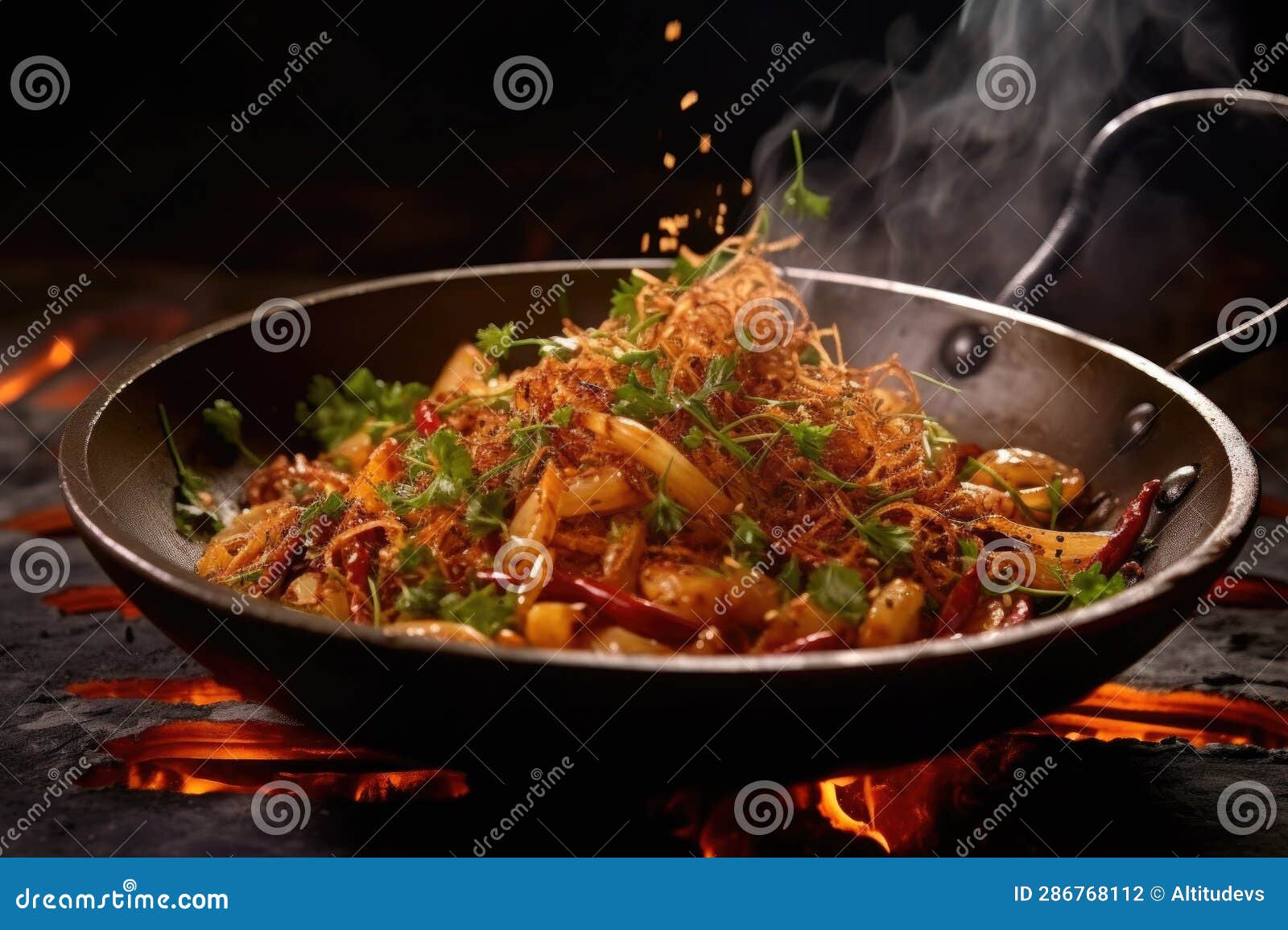Wok on Fire with Aromatic Spices and Herbs Stock Photo - Image of food ...