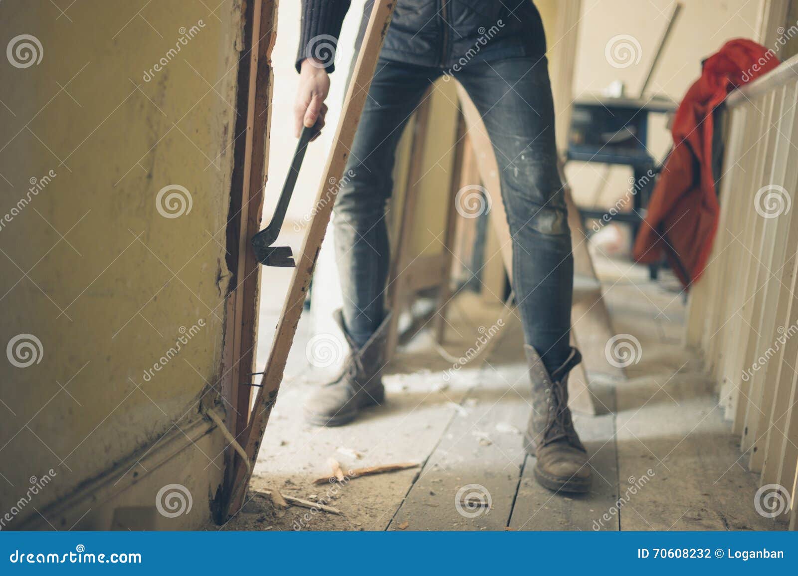 Woker Breaking Door with Crowbar Stock Photo - Image of equipment, male ...