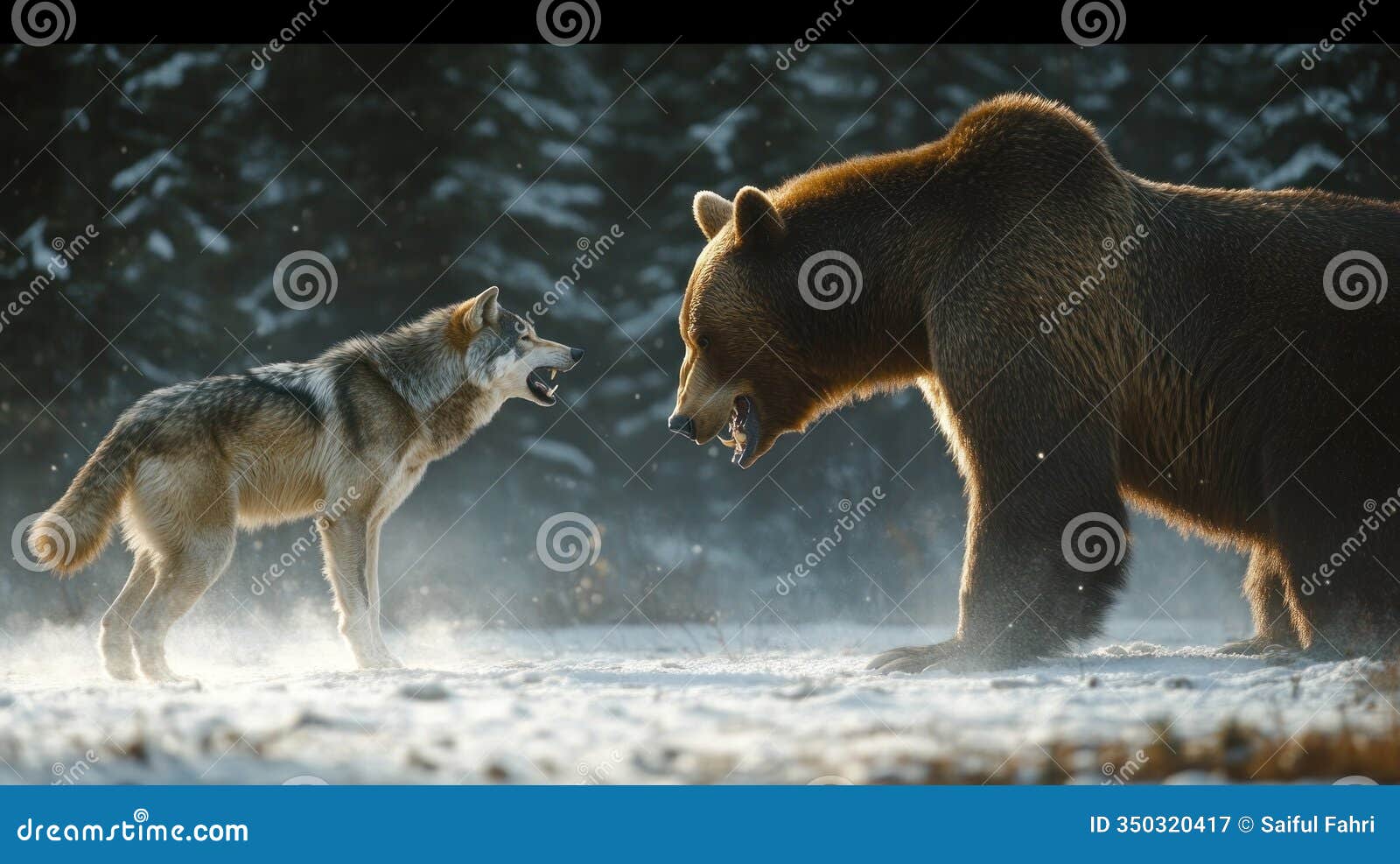 A Wolf and a Bear Confront Each Other in a Snowy Forest Stock Image ...
