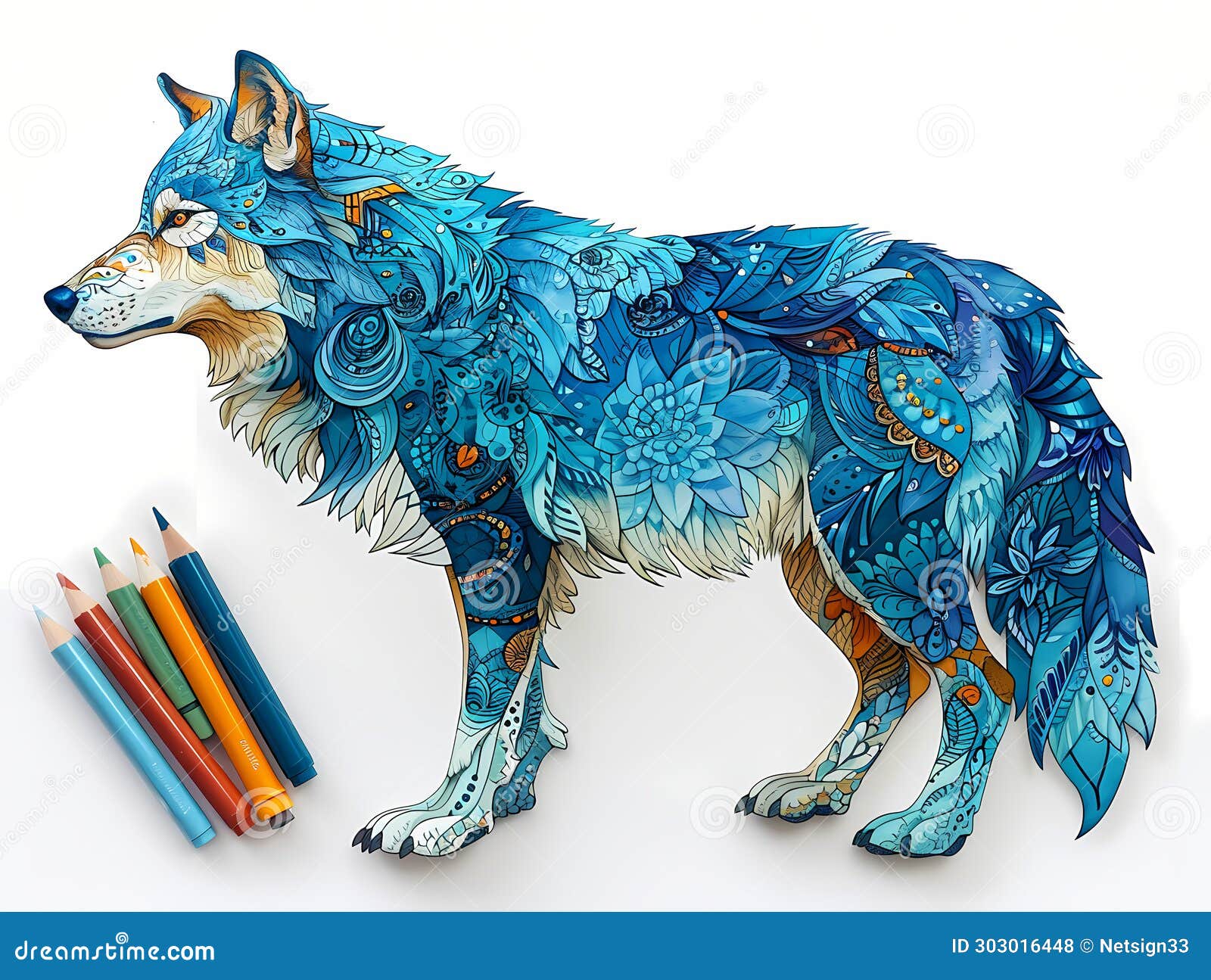Wolf, a Blue Wolf with Colored Pencils Stock Illustration ...
