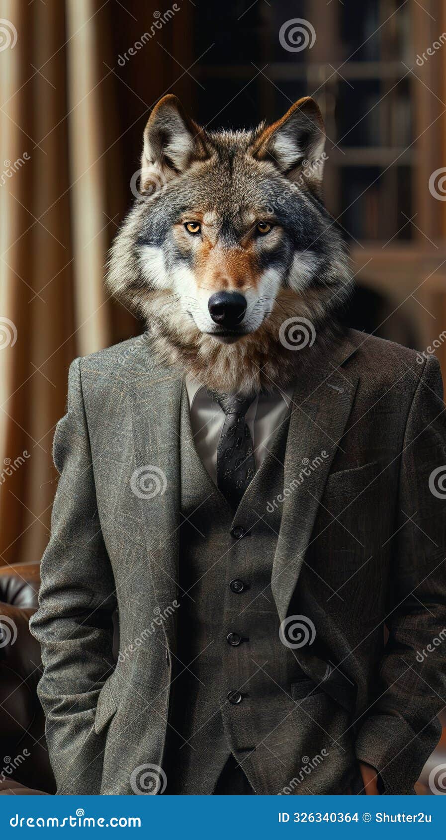 A Wolf in a CEOs Office Wearing a Tailored Suit Symbolizing Leadership ...
