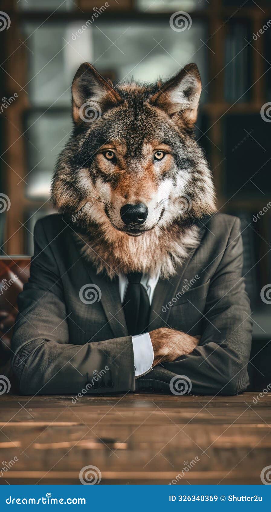 A Wolf in a CEOs Office Wearing a Tailored Suit Symbolizing Leadership ...