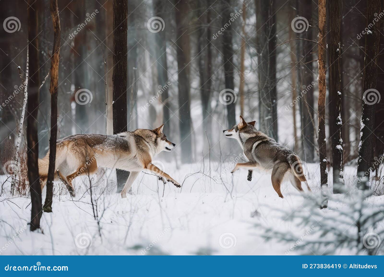 Wolf Chasing after Deer in Snowy Forest Stock Illustration - Illustration of chasing, nature ...