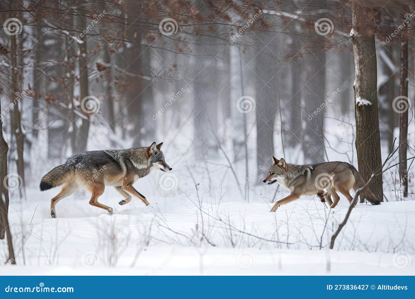 Wolf Chasing after Deer in Snowy Forest Stock Illustration - Illustration of wilderness, snowy ...