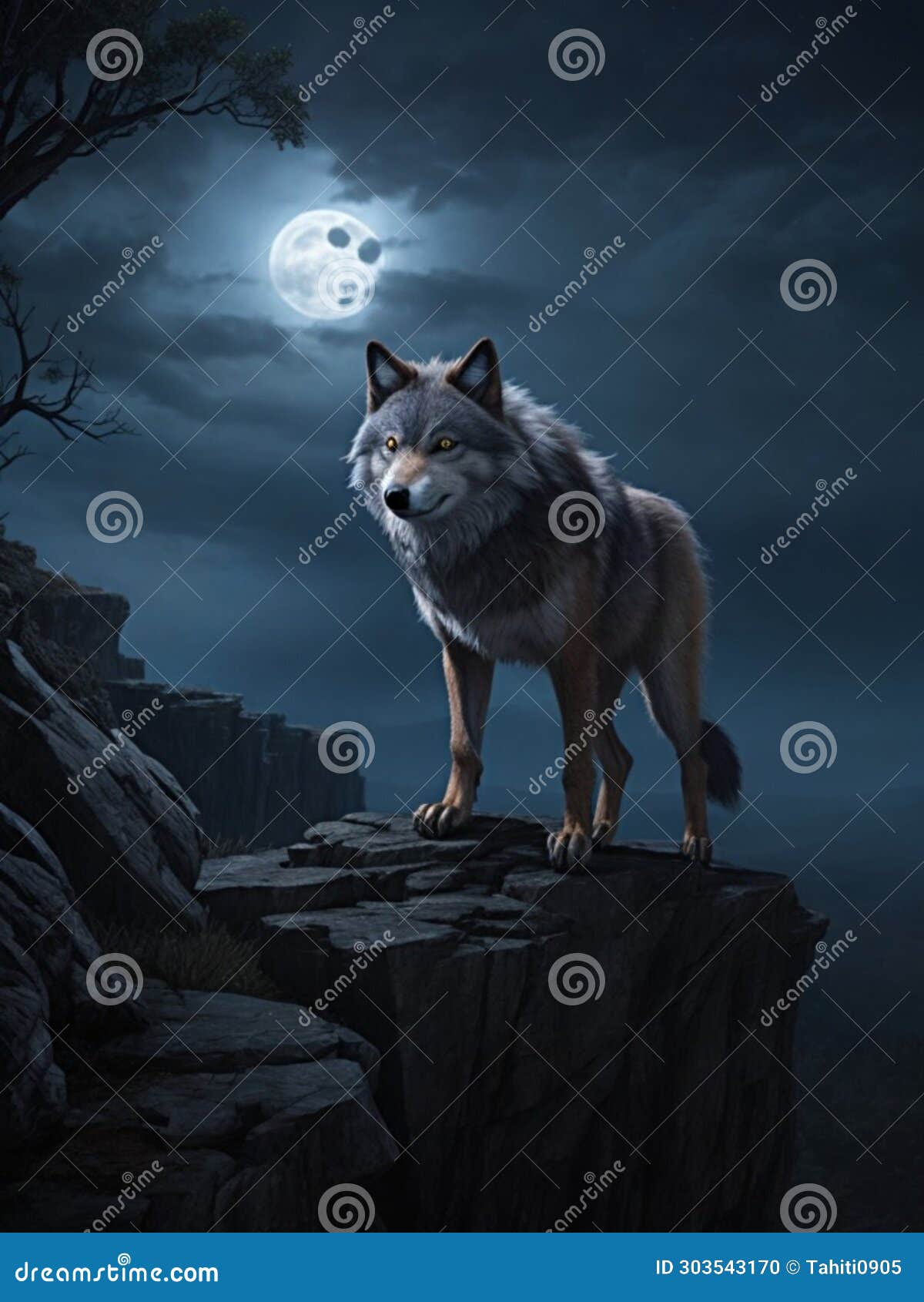 Wolf on a Cliff Under the Full Moon Stock Photo - Image of moon ...
