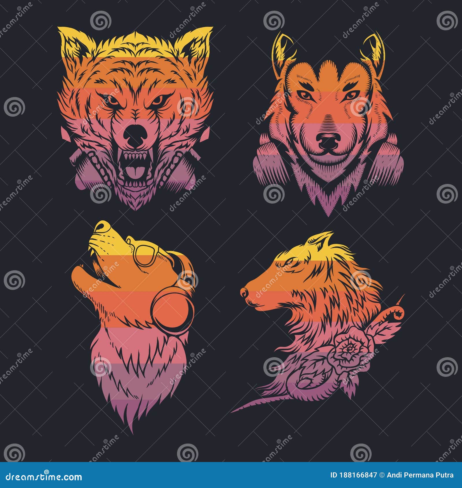 Wolf Collection Muzzle Front View Calm And Growling. Ink Black And ...