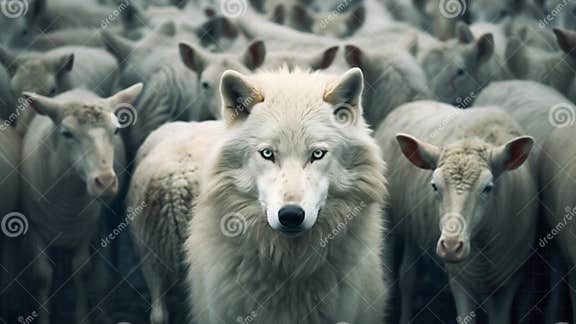 A Wolf among a Crowd of Sheep, Looking Intensely at the Camera Stock ...