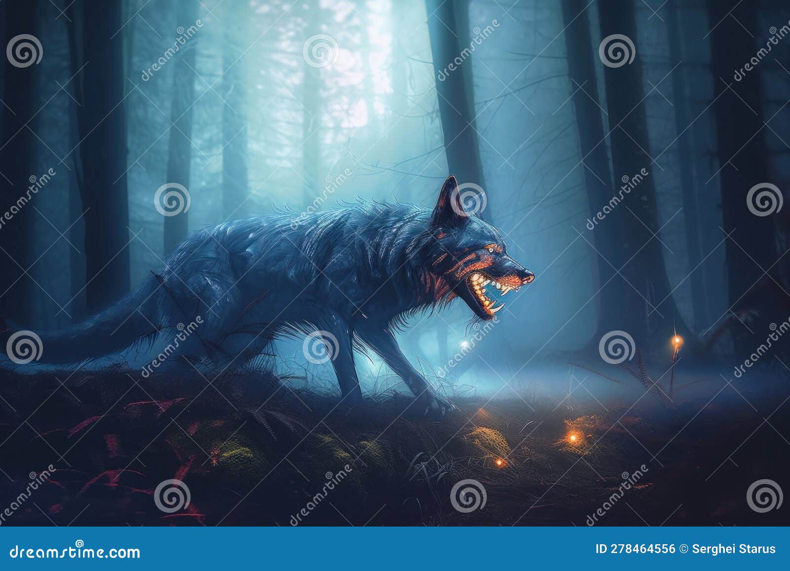 A Wolf in a Dark Forest with Fireflies. Generative AI Image. Stock ...