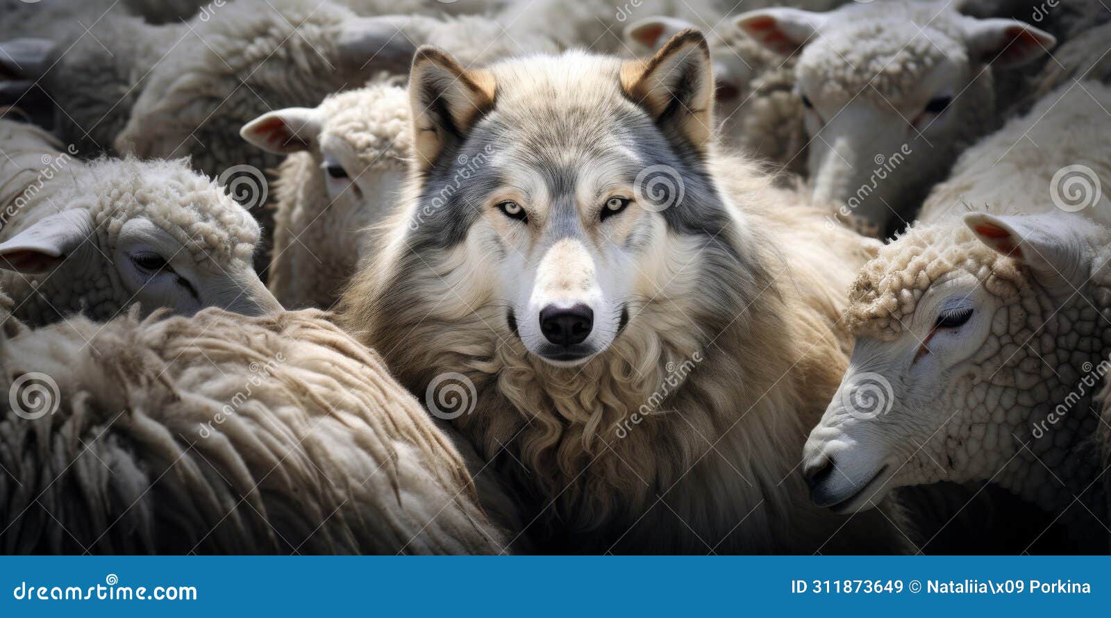 Wolf in Disguise in Flock of Sheep. Lone Wolf Hidden in Crowd of ...