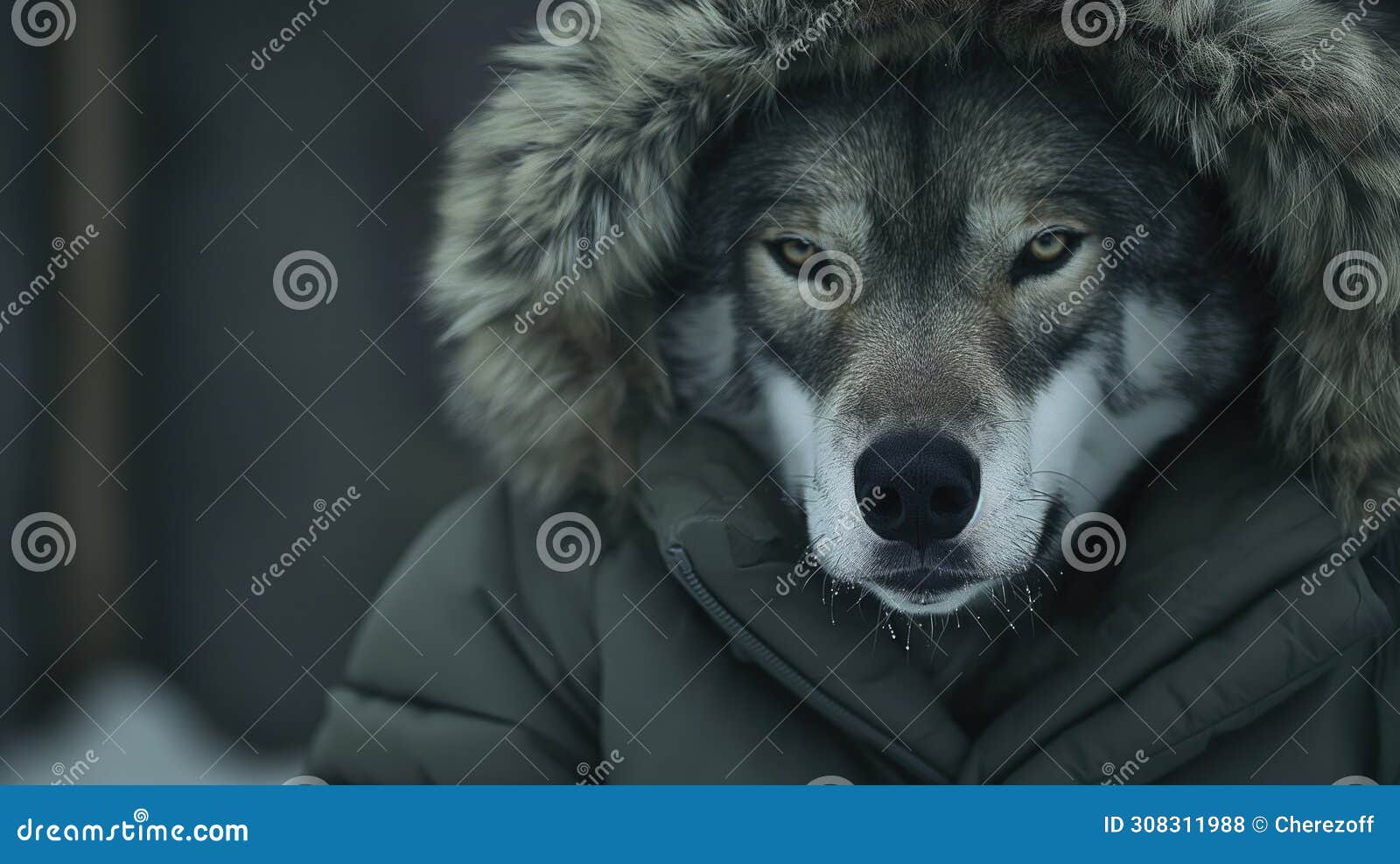 Wolf in a down jacket stock photo. Image of wildlife - 308311988