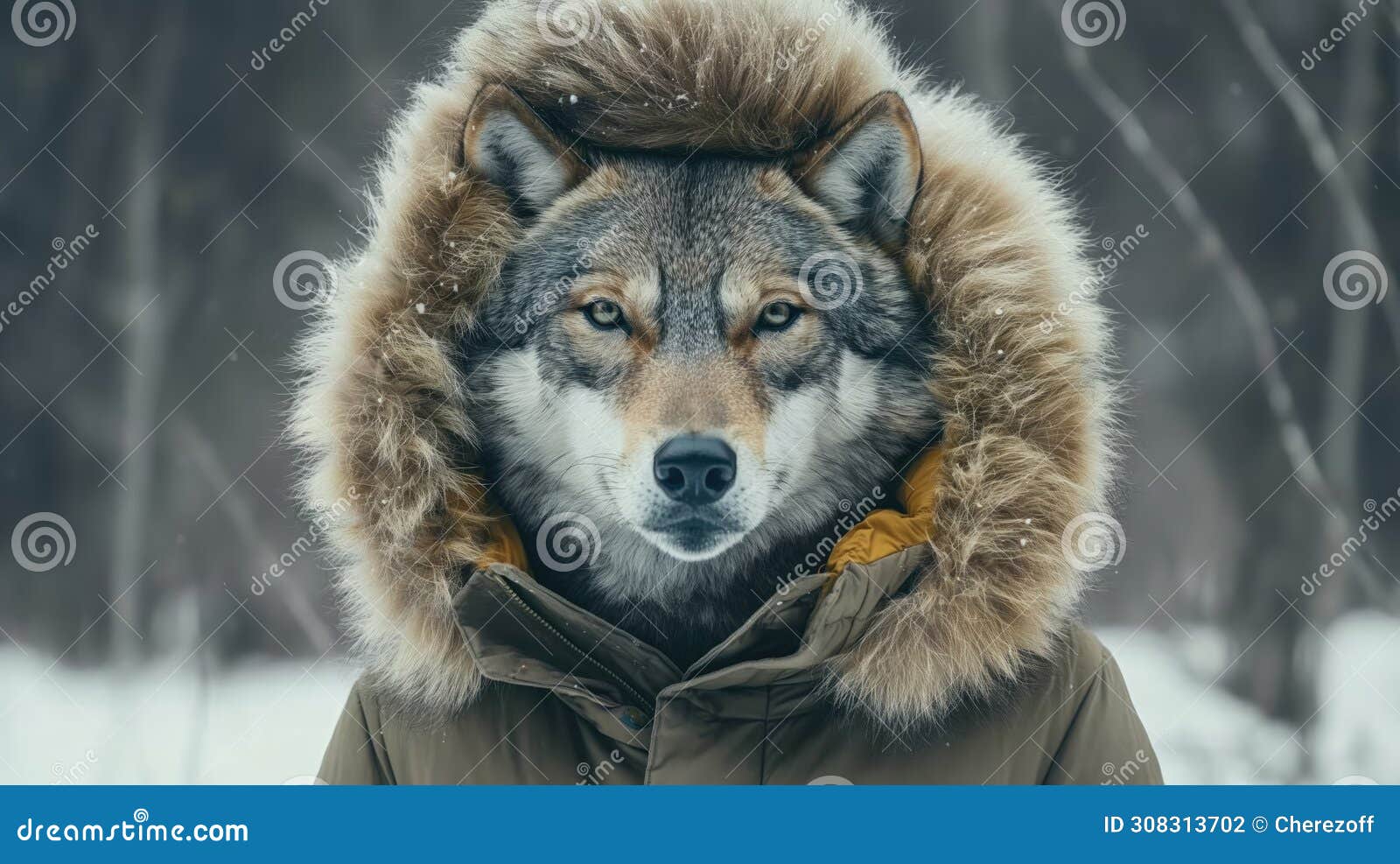 Wolf in a down jacket stock photo. Image of cute, sweater - 308313702