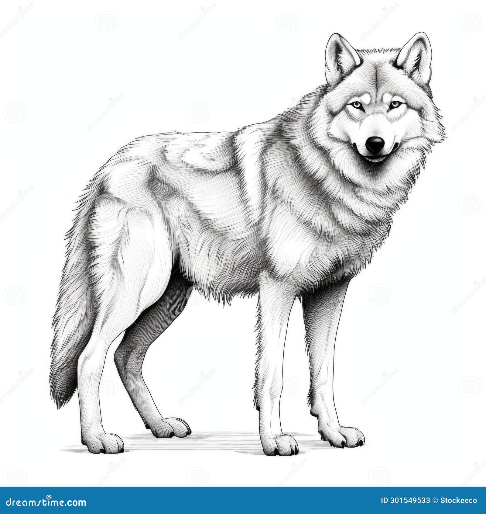 Detailed Black and White Wolf Illustration with Contoured Shading Stock ...