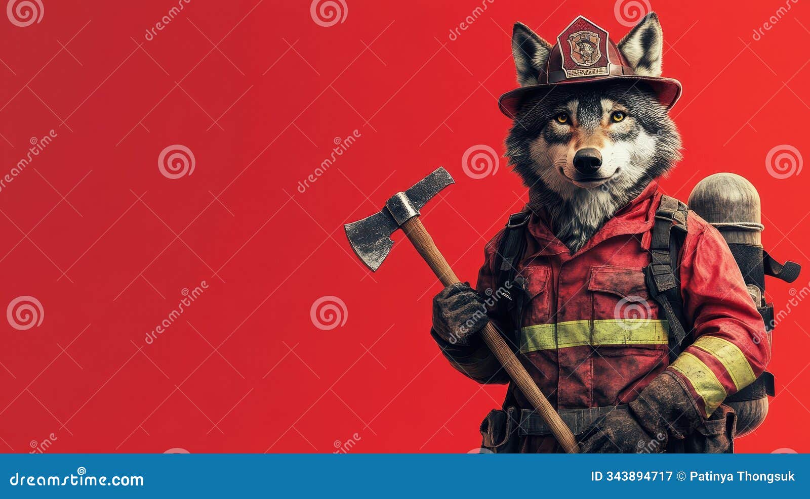 Dog Or Wolf Fireman Aiming Fire Hose Wearing Firefighter Helmet With ...