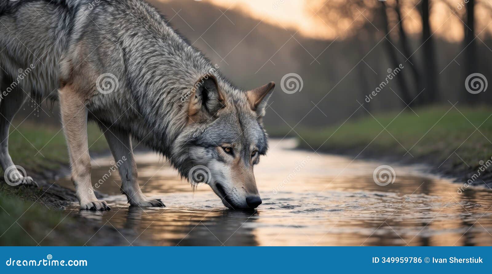 Wolf Drinking at a Stream in the Golden Hour Stock Photo - Image of ...