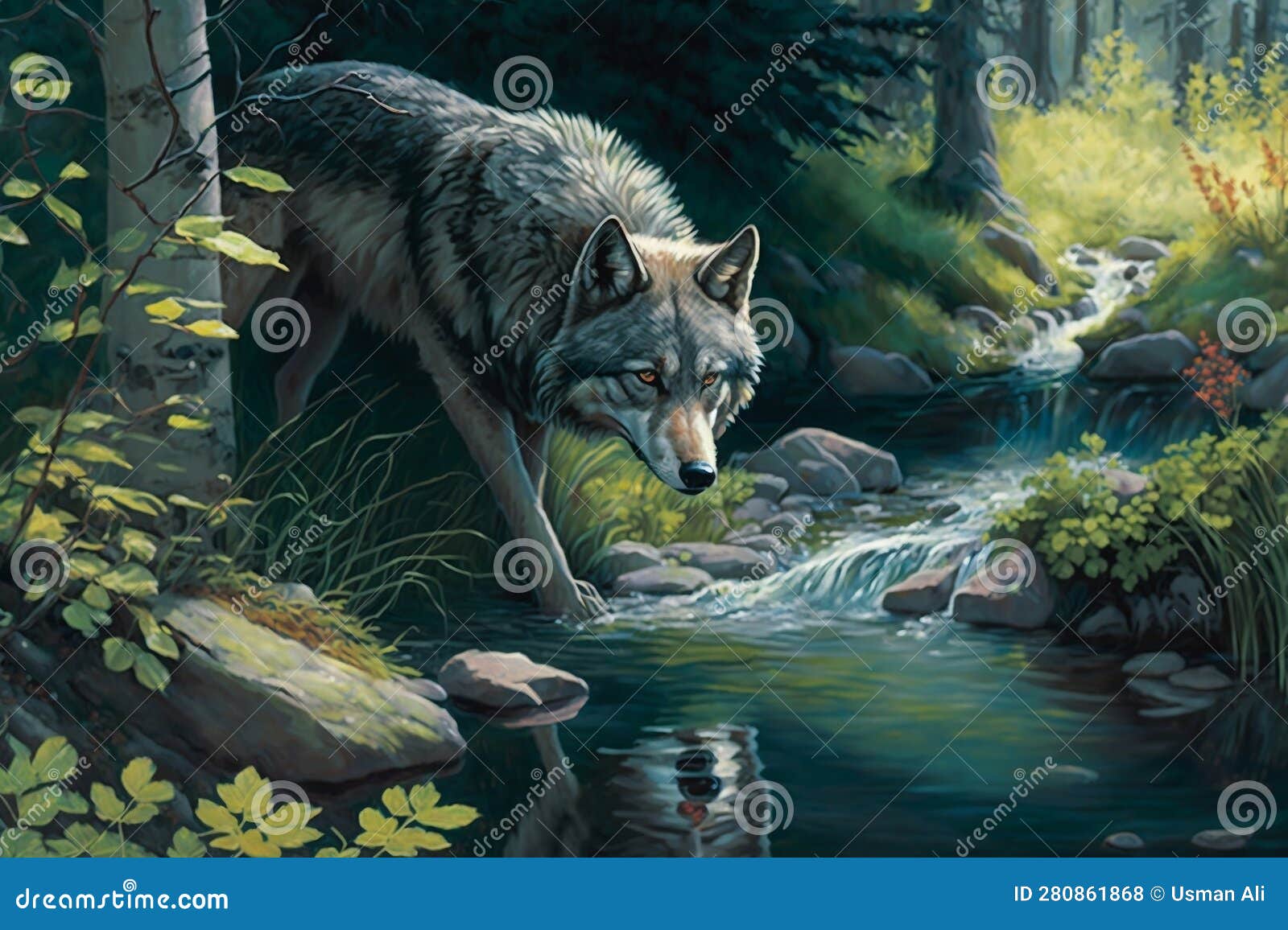 Wolf Drinking by Stream, Surrounded by Trees and Foliage. AI Stock ...