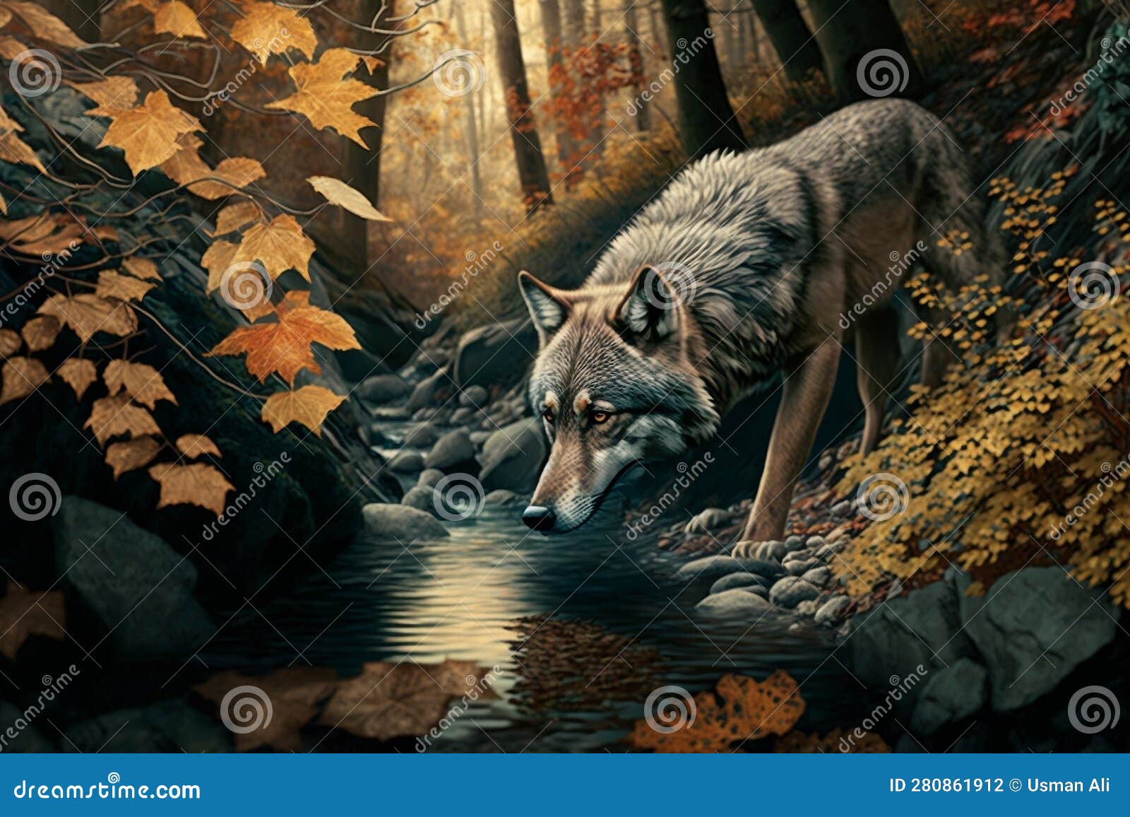 Wolf Drinking by Stream, Surrounded by Trees and Foliage. AI Stock ...