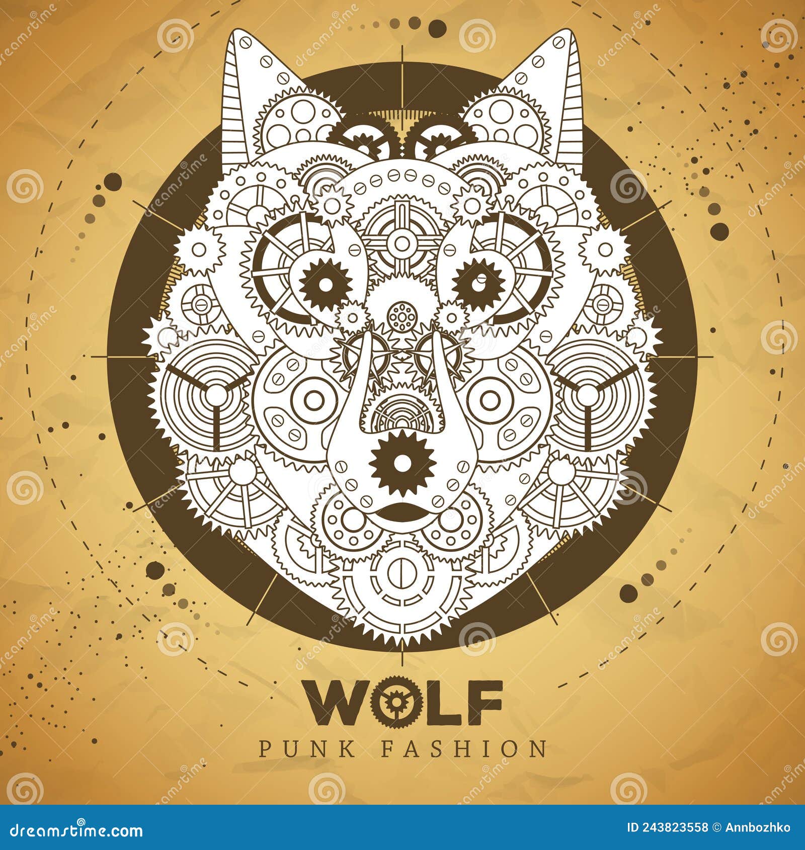 Wolf Face Silhouette With Gears On Old Paper Texture Background. Punk ...