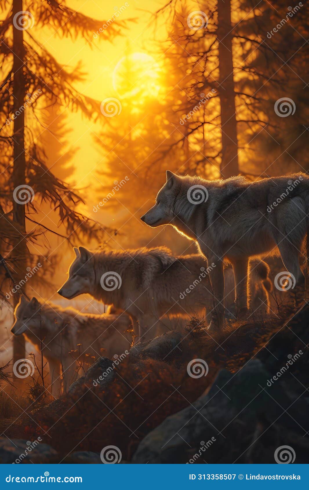 Wolf Family in the Forest with Sunset. Stock Illustration ...