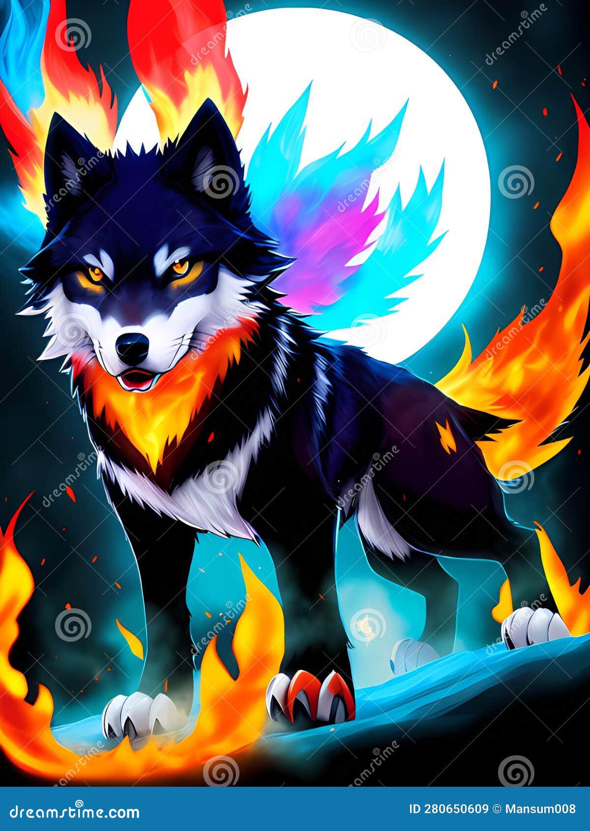 Wolf with Fire Cartoon on a Dark Background, AI Generated Stock ...