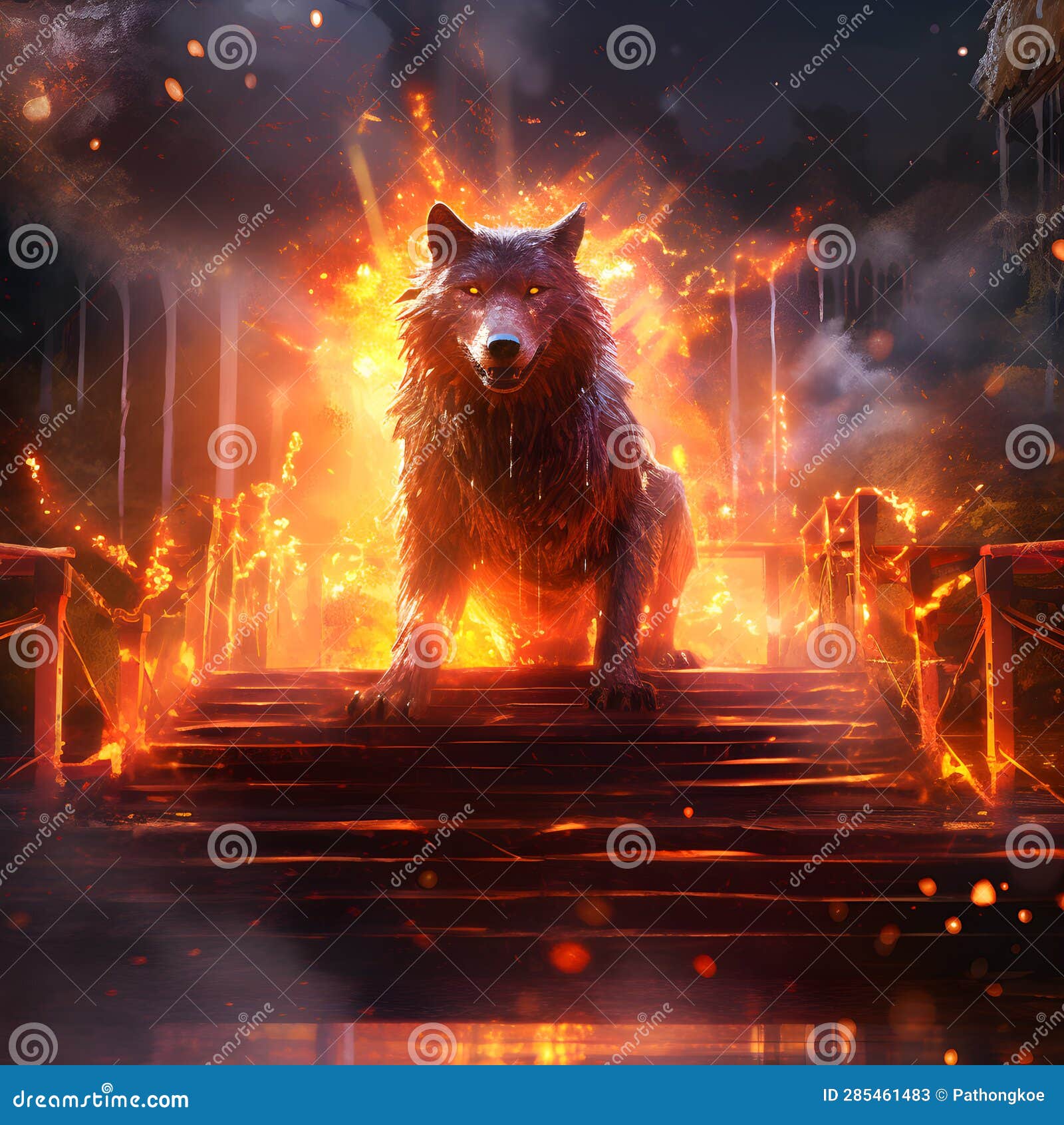 A Wolf Howling in the Flames of Fire. Generated AI Illustration Stock ...