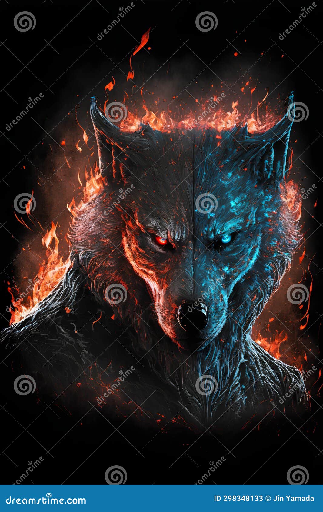 The Wolf in the Fire. Digital Painting on a Black Background Stock ...