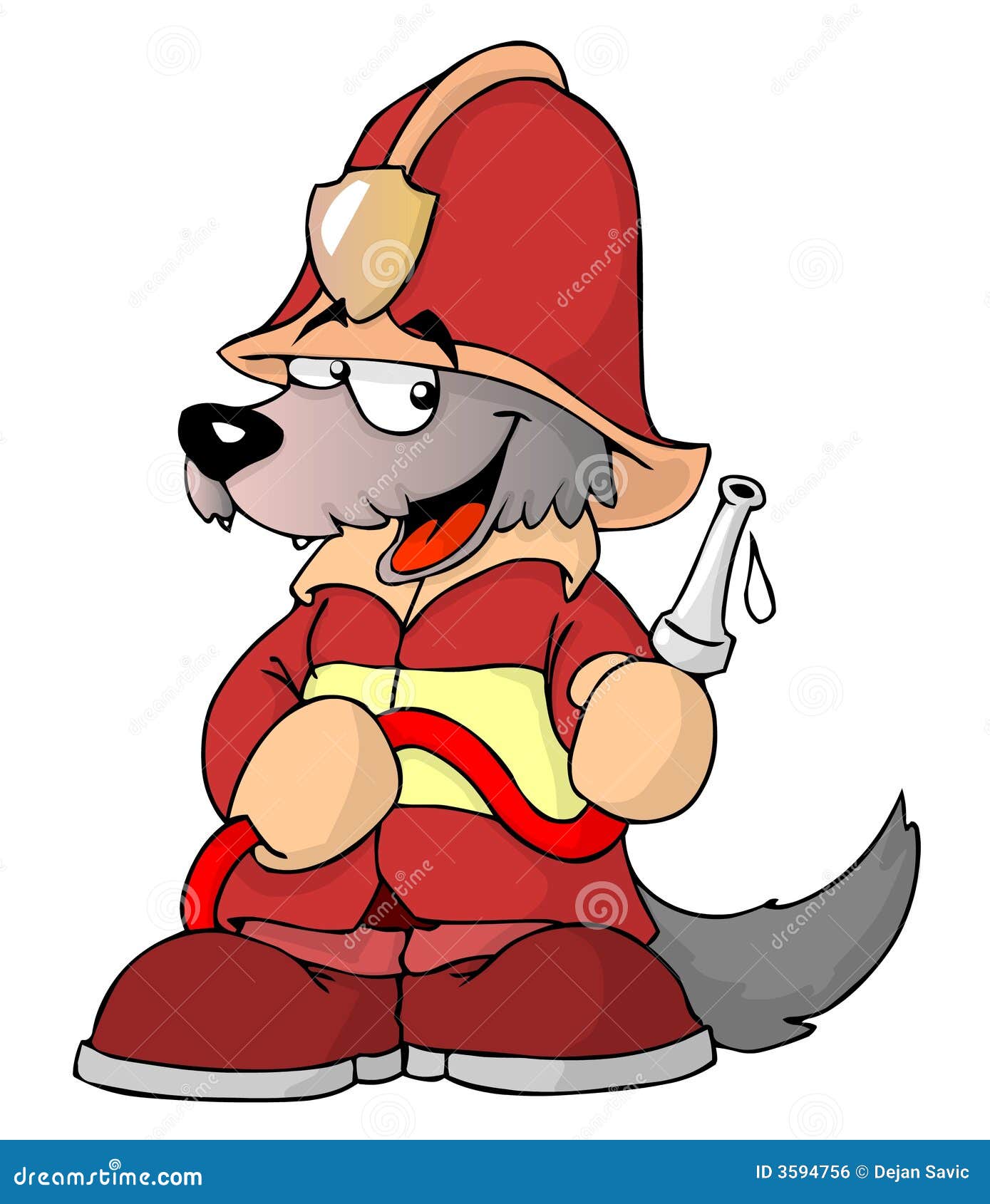 Dog Or Wolf Fireman Aiming Fire Hose Wearing Firefighter Helmet With ...