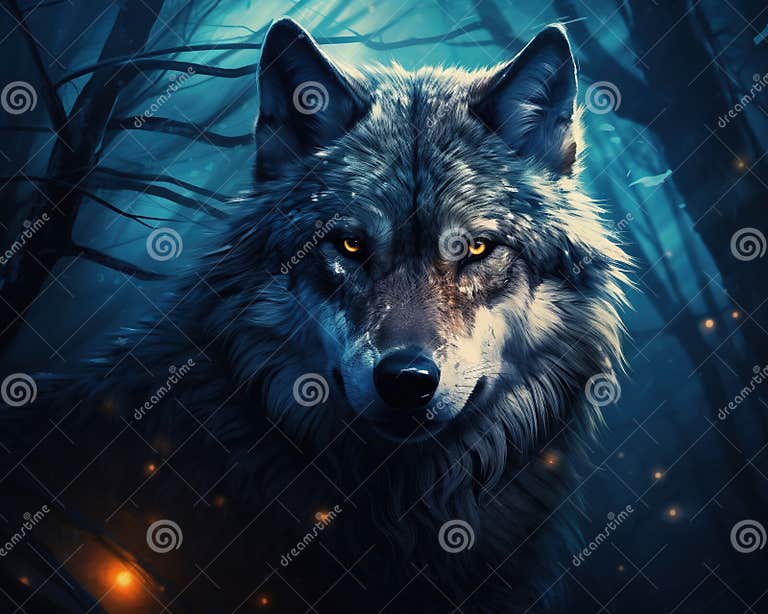 Wolf in the Forest is Surrounded by Trees and Light. Stock Illustration ...