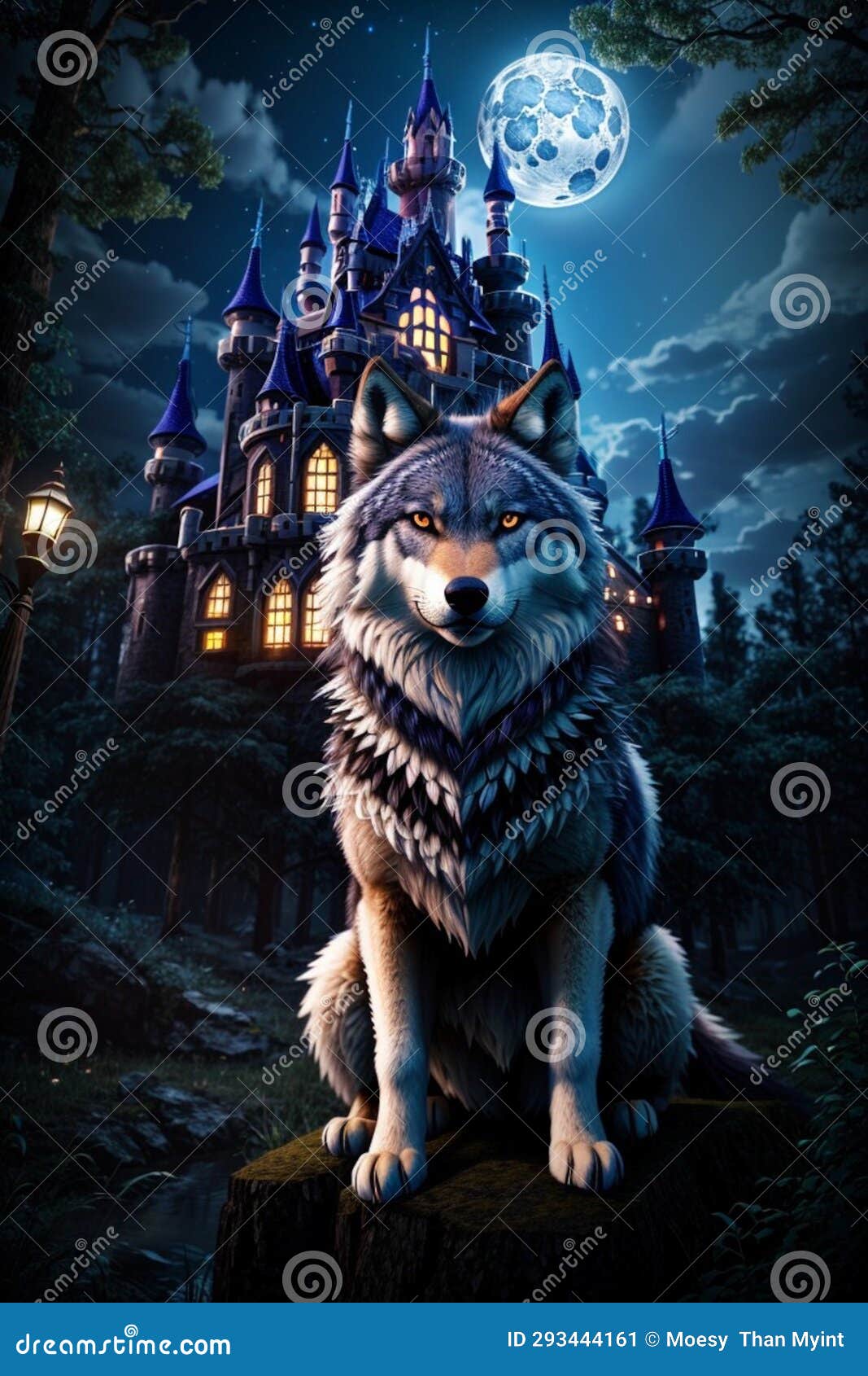 Wolf in Front of Haunted Castle Stock Image - Image of moon, night ...