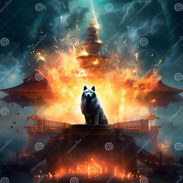 Wolf in Front of a Temple with Fire and Clouds. Generated AI ...