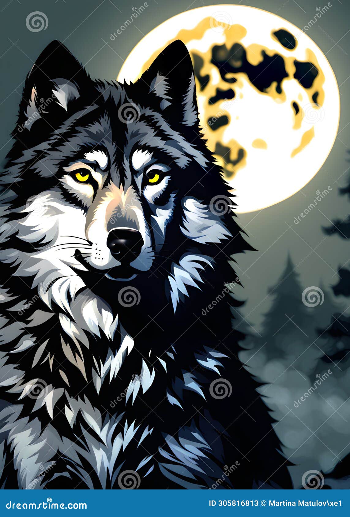 Wolf at Full Moon Vector Style Stock Illustration - Illustration of ...