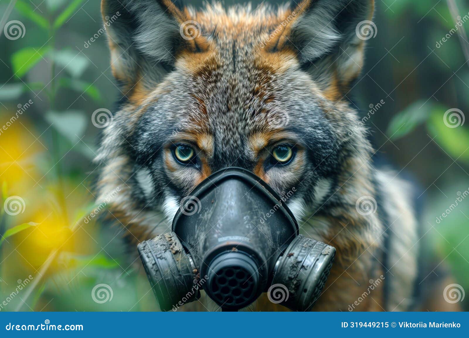 A Wolf in a Gas Mask Against the Backdrop of Nature, the Ecological ...