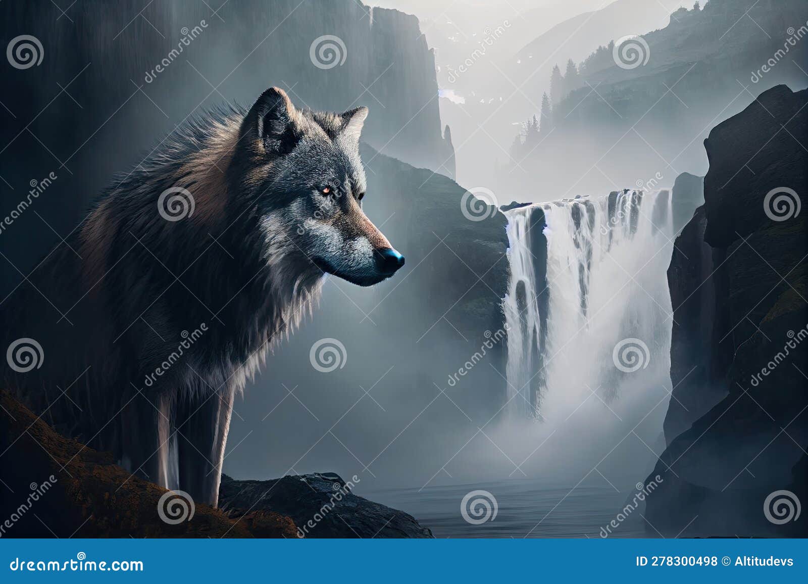 Wolf Gazing Down upon Cliffside Waterfall, with Mist Rising from the ...
