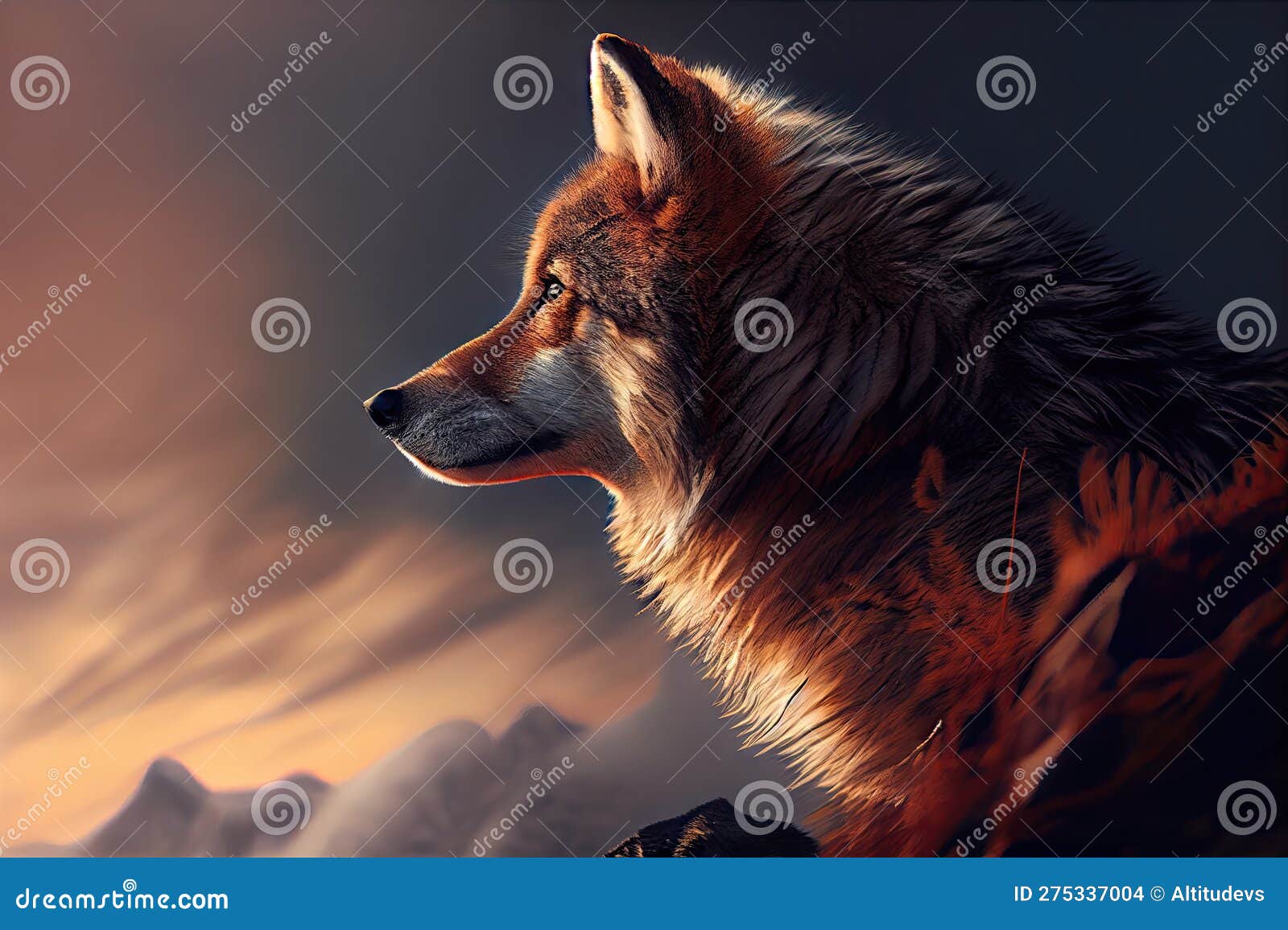 Wolf Gazing Down at Distant View, Its Fur Blowing in the Wind Stock ...