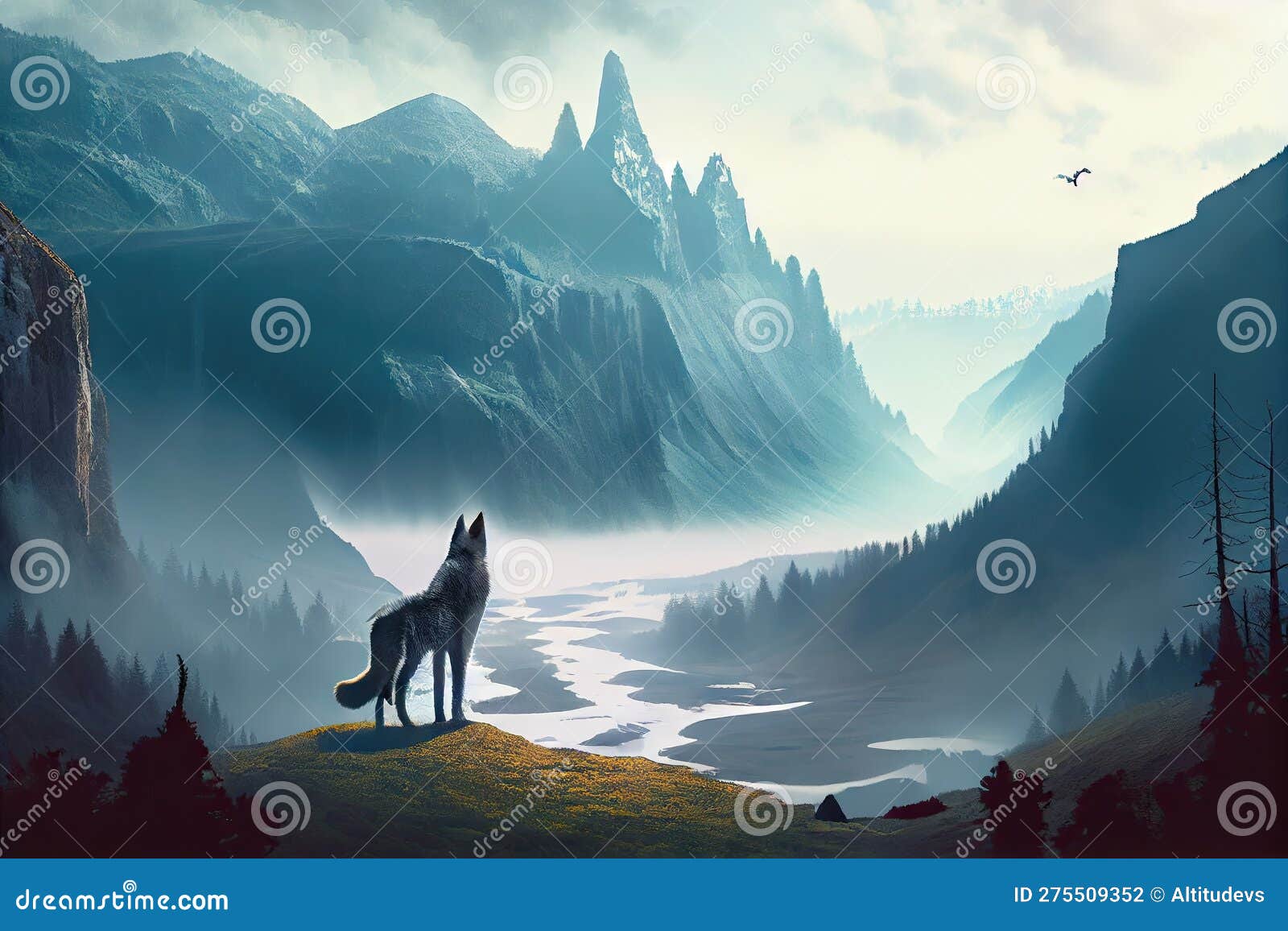 Wolf Gazing Down at the Mist-covered Valley, Surrounded by Towering ...