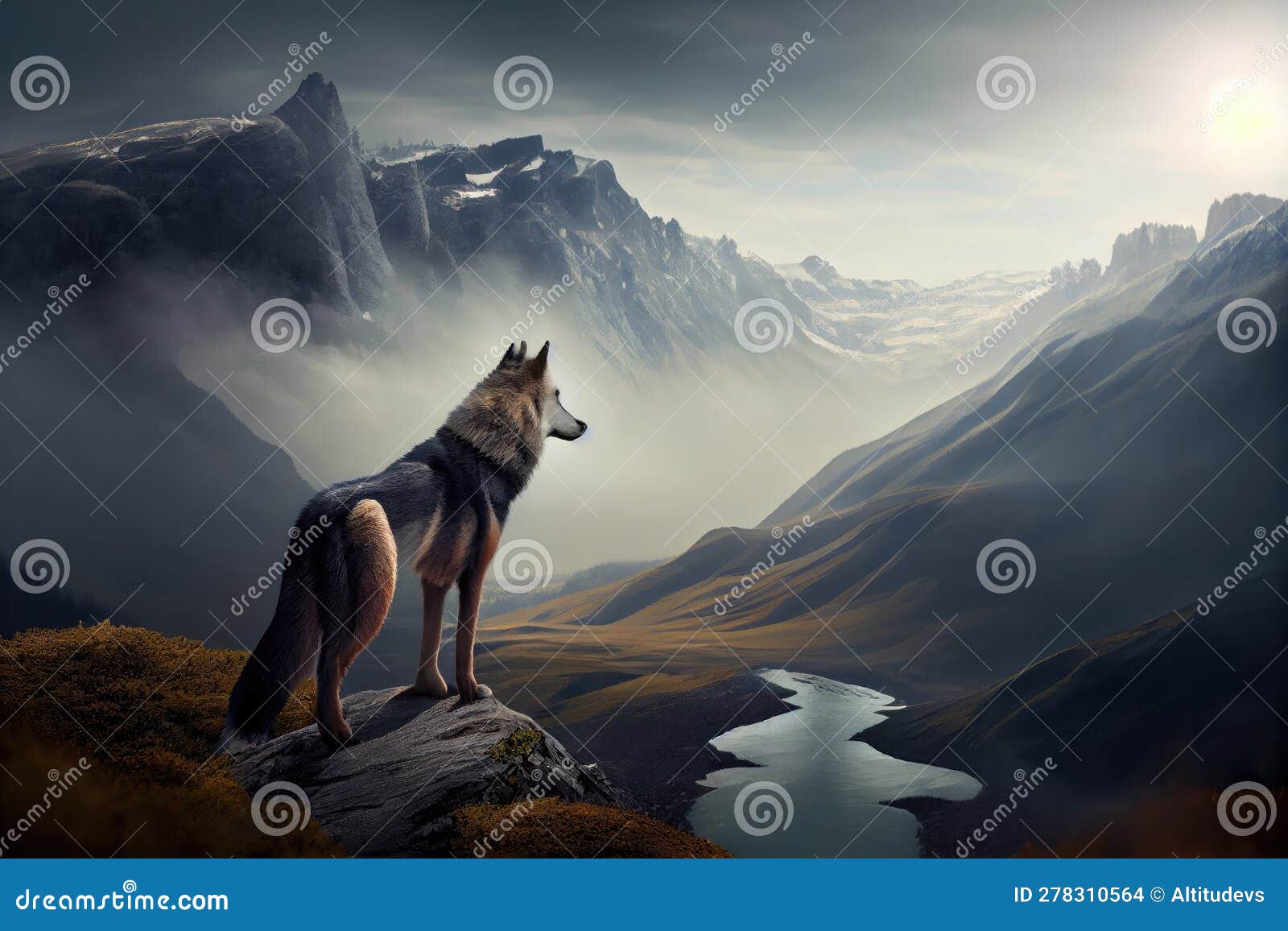 Wolf Gazing Down at the Mist-covered Valley, Surrounded by Towering ...
