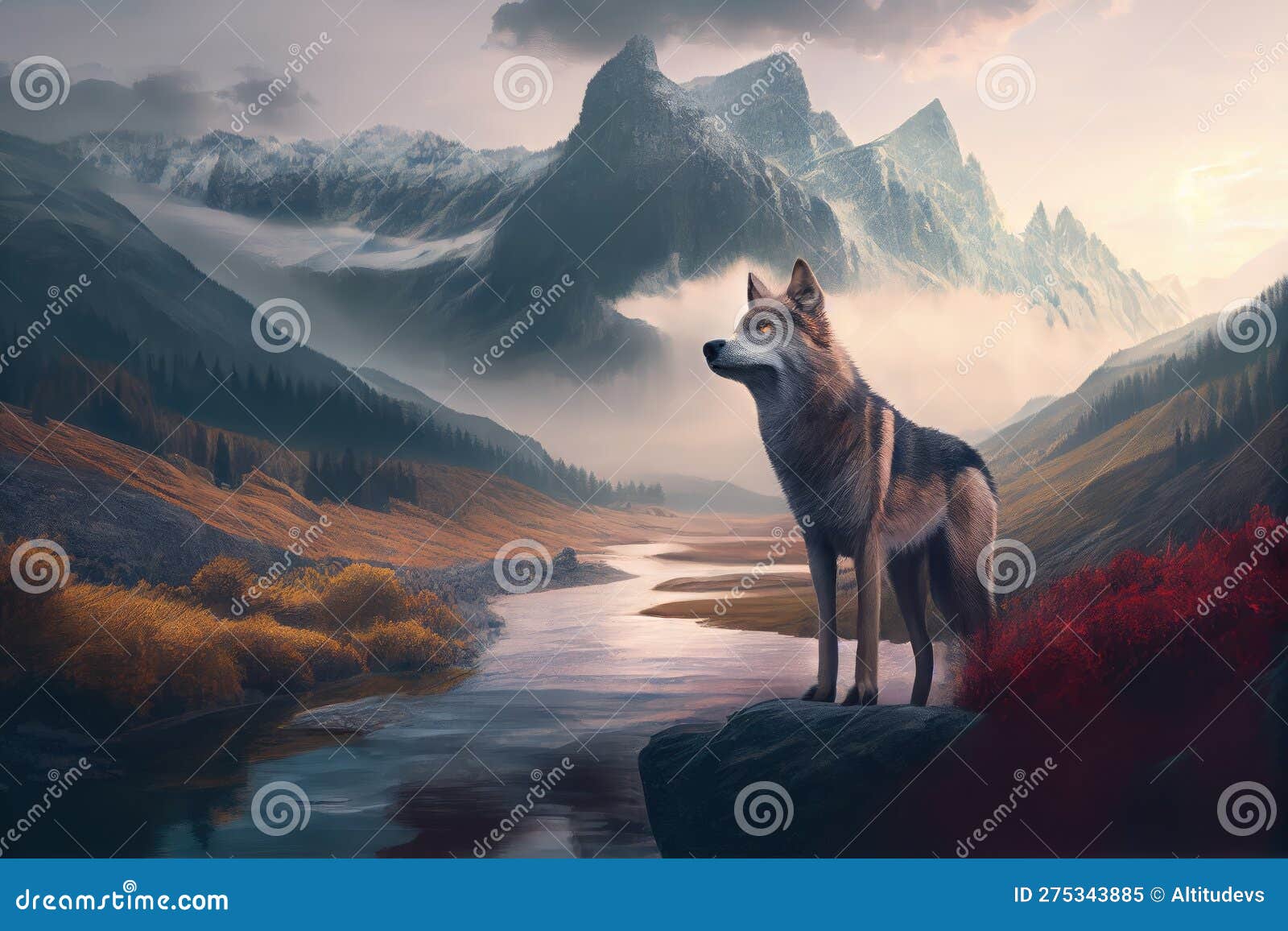 Wolf Gazing Down upon Valley, with River and Misty Mountains in the ...