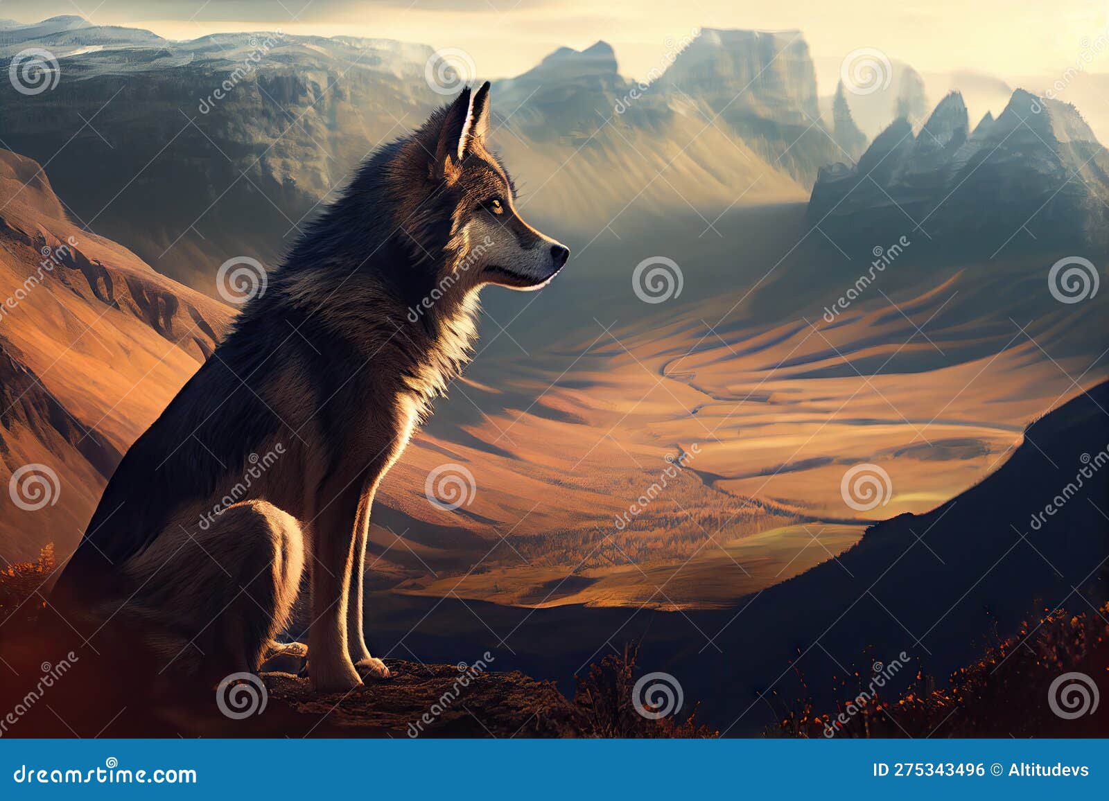 Wolf Gazing Down on Valley, with Rolling Hills and Mountains in the ...