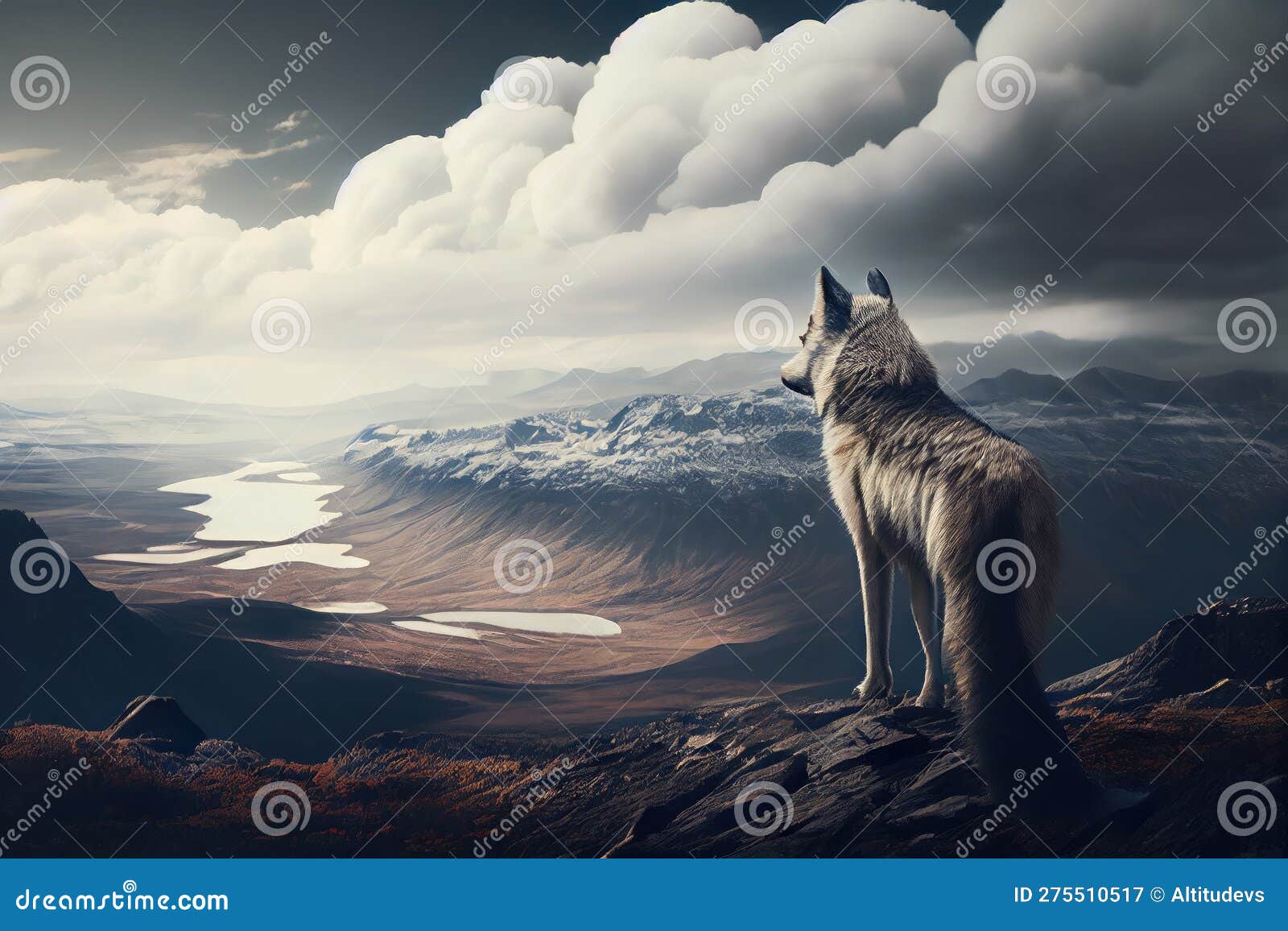 Wolf Gazing Out at the Vast Expanse of the Mountain Range, with Clouds ...