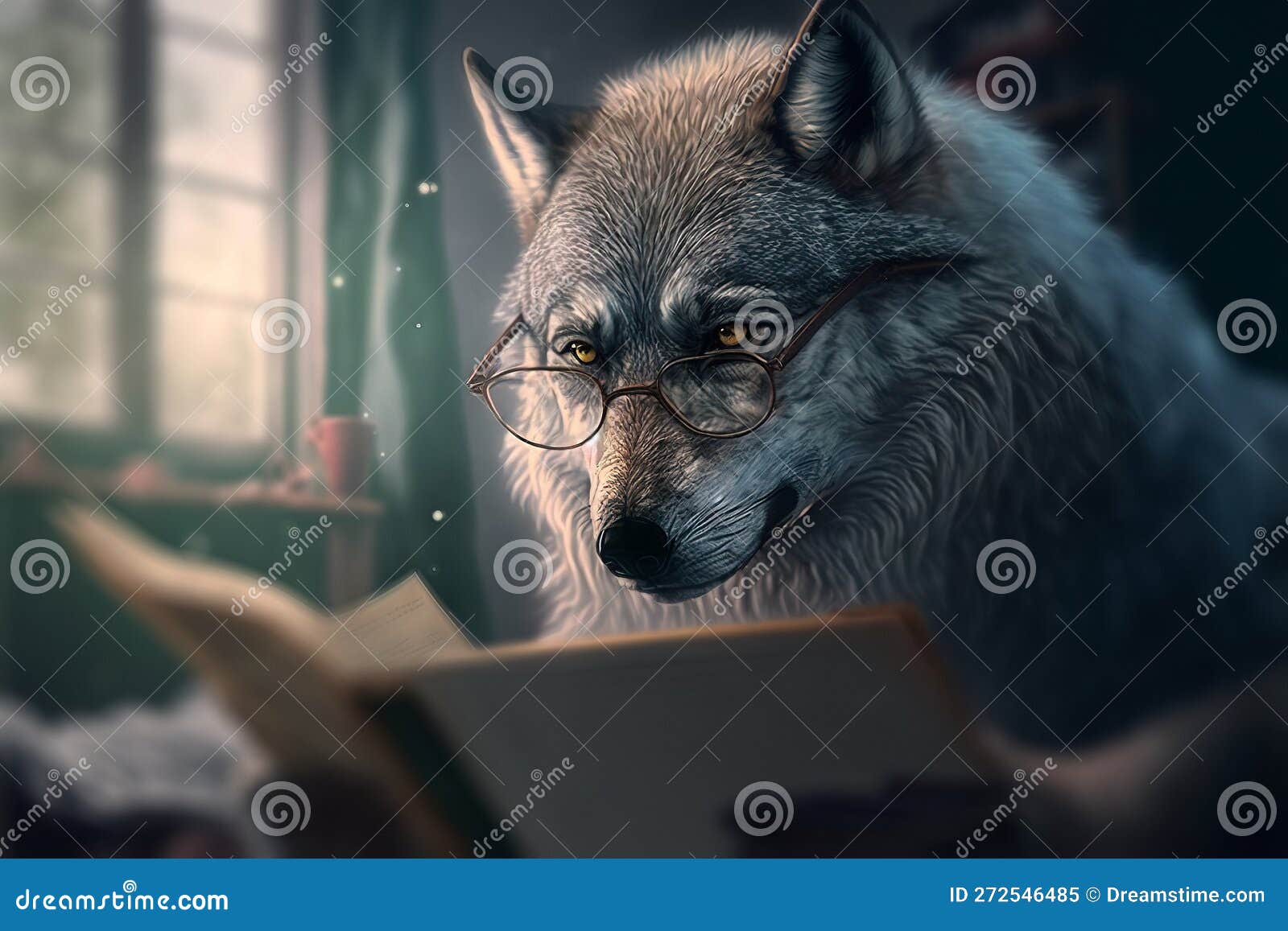 Wolf in Glasses Reading Book, Generative AI Stock Illustration ...