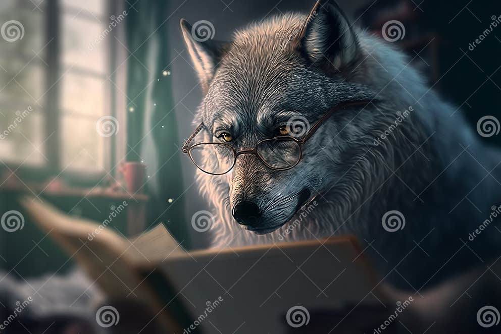 Wolf in Glasses Reading Book, Generative AI Stock Illustration ...