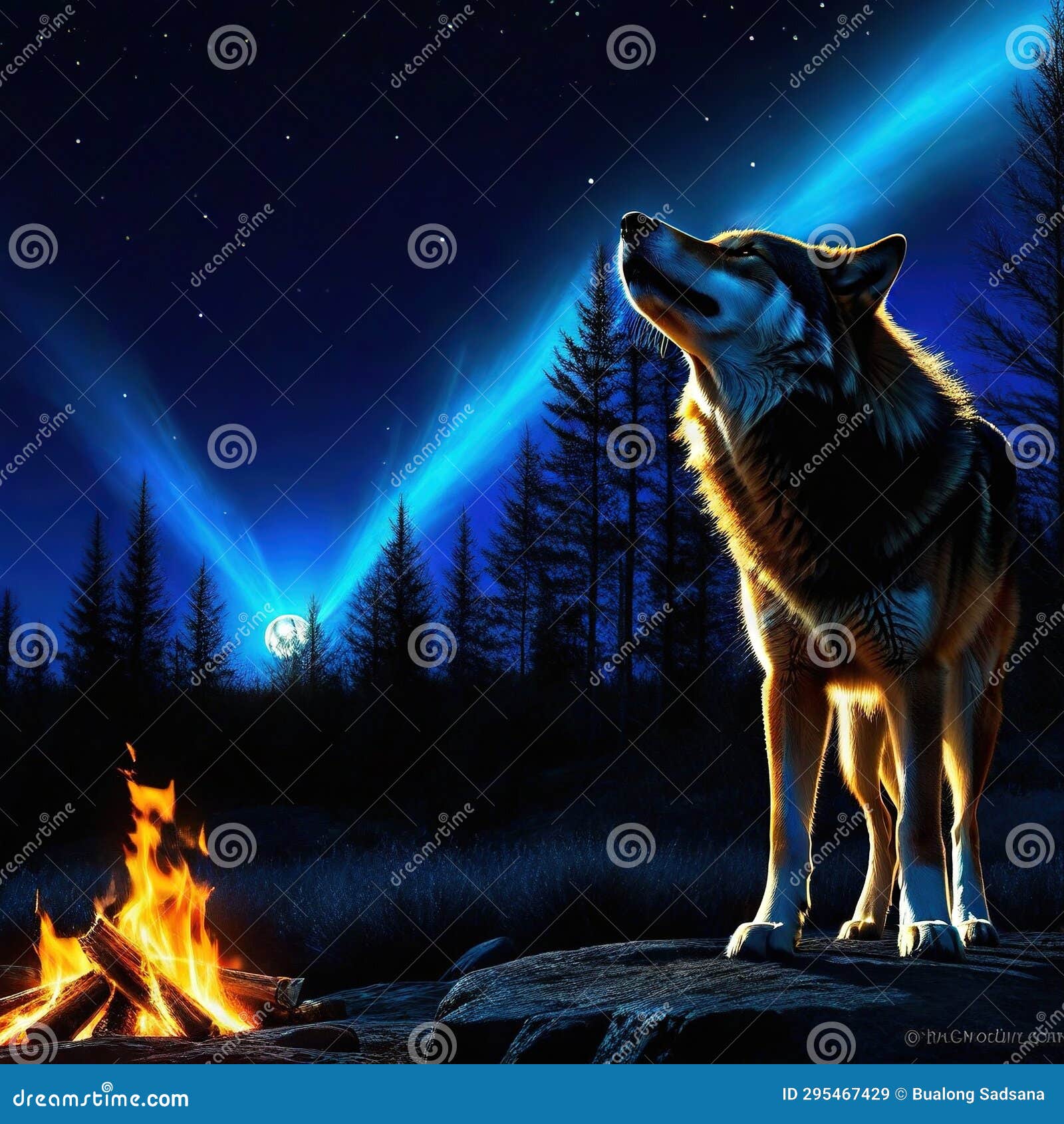 A Wolf With A Glowing In The Dark With A Fire And Ice Background And A ...