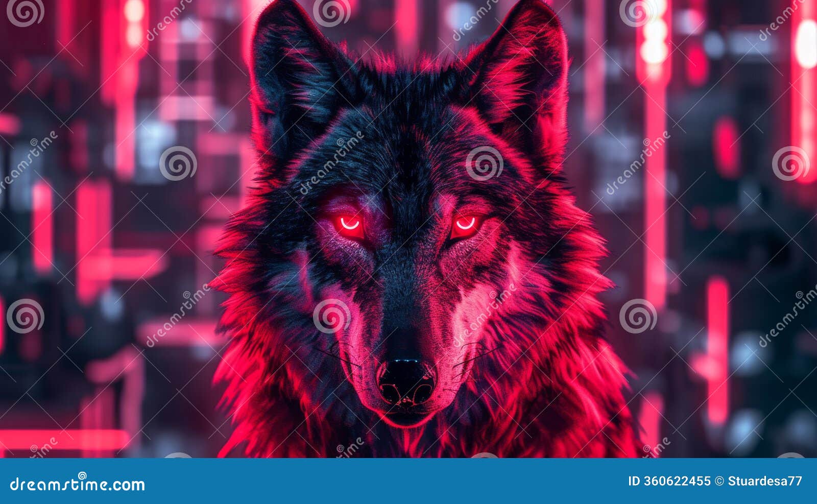 Wolf With Glowing Red Eyes In Neon Cyberpunk Setting Royalty-Free Stock ...